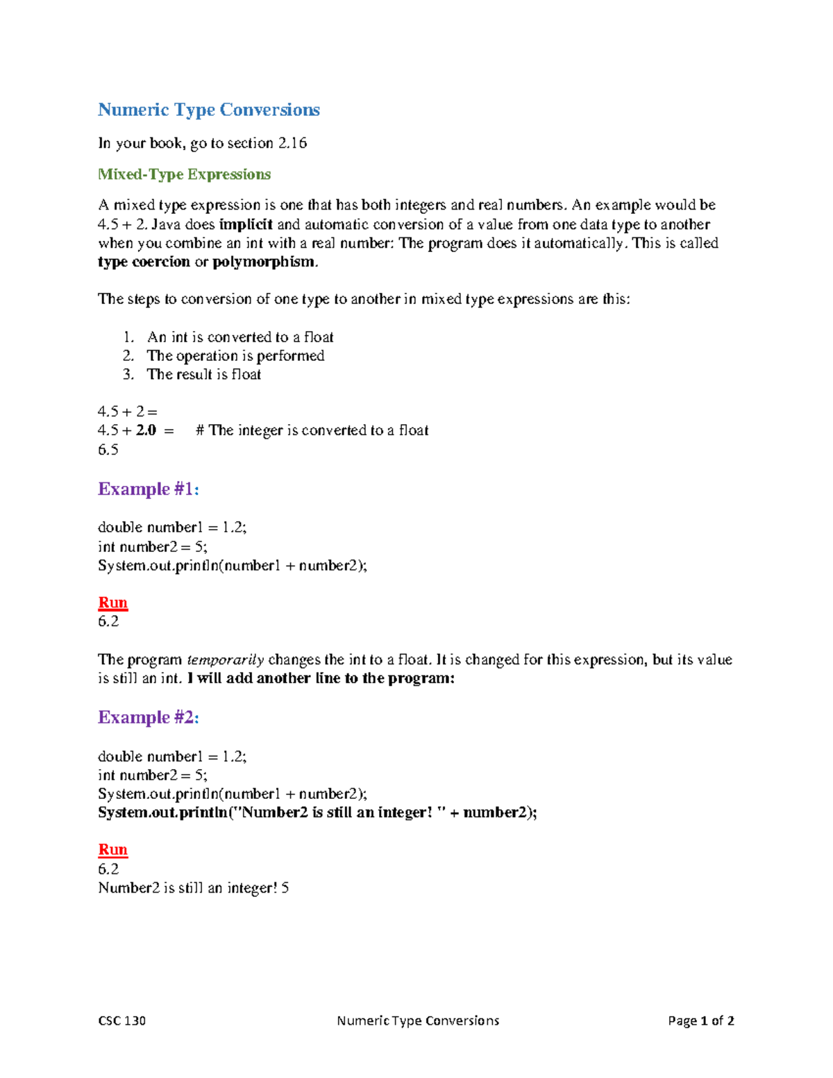 Numeric Type Conversions Mixed Type Expressions A Mixed Type