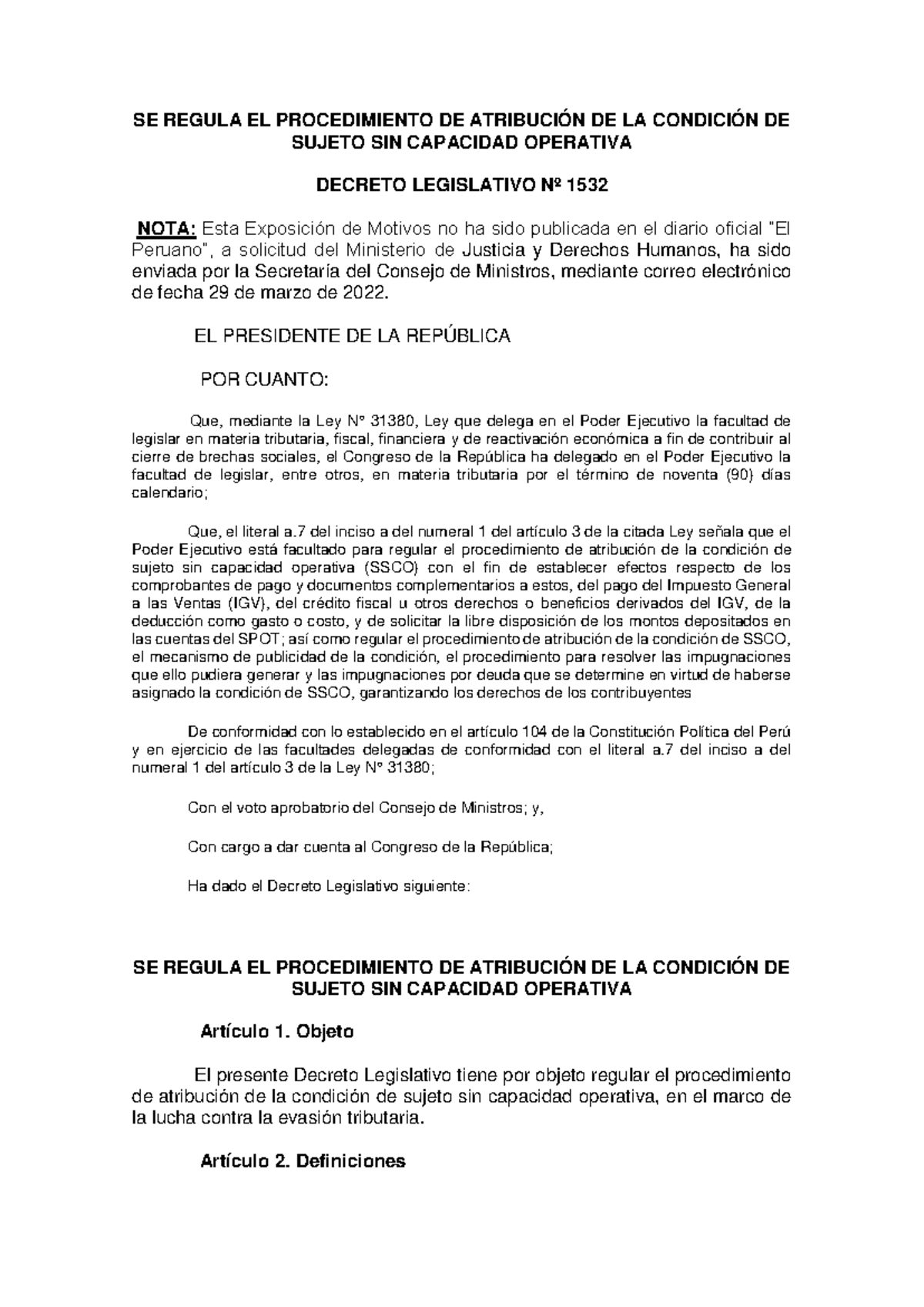 DL 1532 - que regula el procedimiento de atribución de la condición de sujeto sin capacidad ...