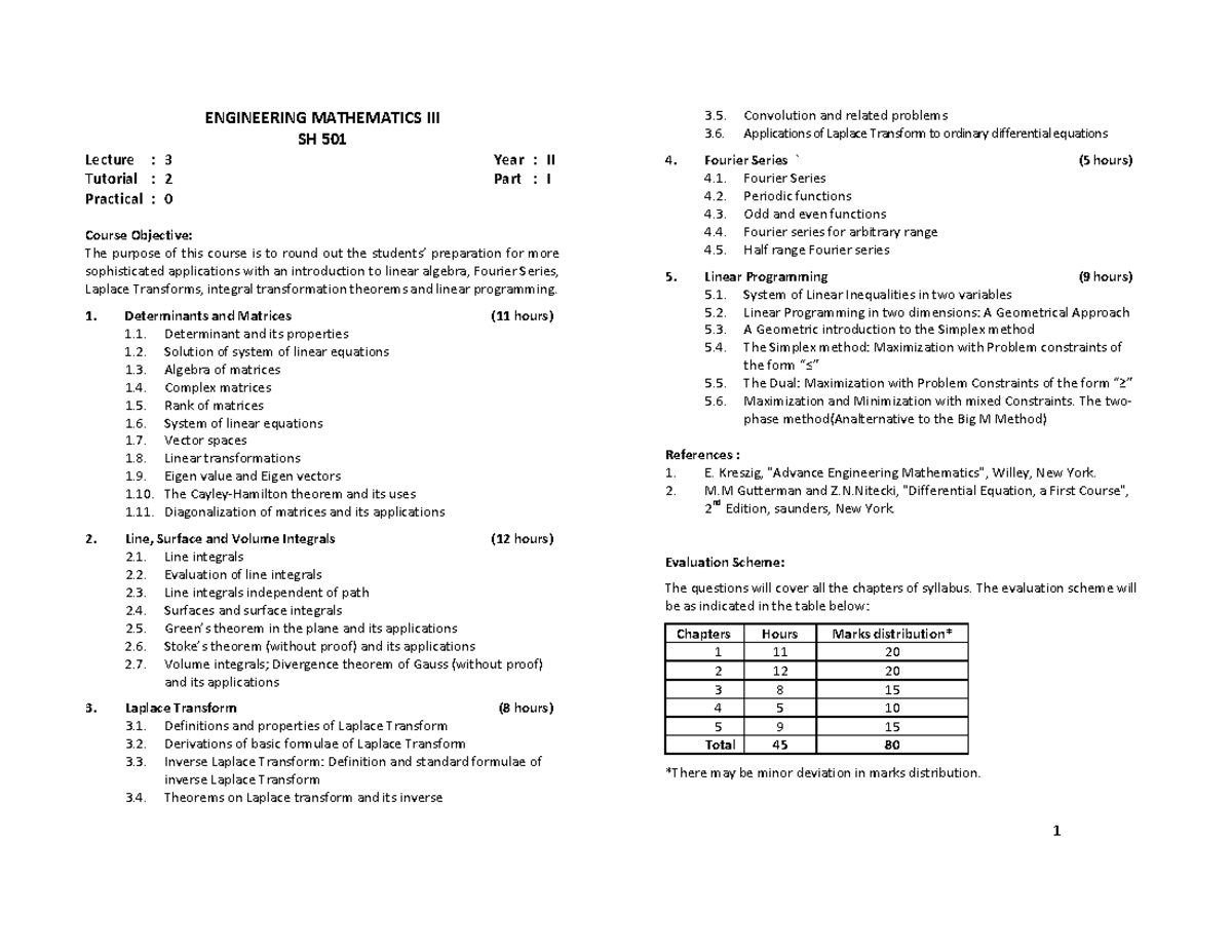 2nd-year - Math note - ENGINEERING MATHEMATICS III SH 501 Lecture : 3 ...