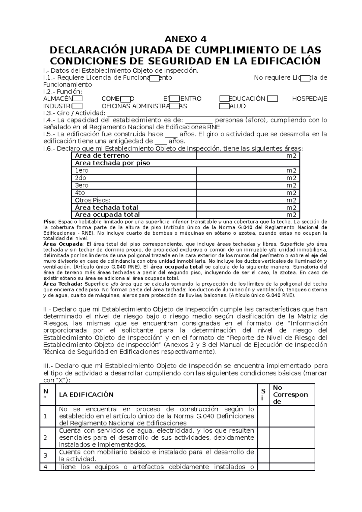 Anexo 4 Declaracion Jurada ITSE Posterior - ANEXO 4 DECLARACIÓN JURADA DE CUMPLIMIENTO DE LAS ...