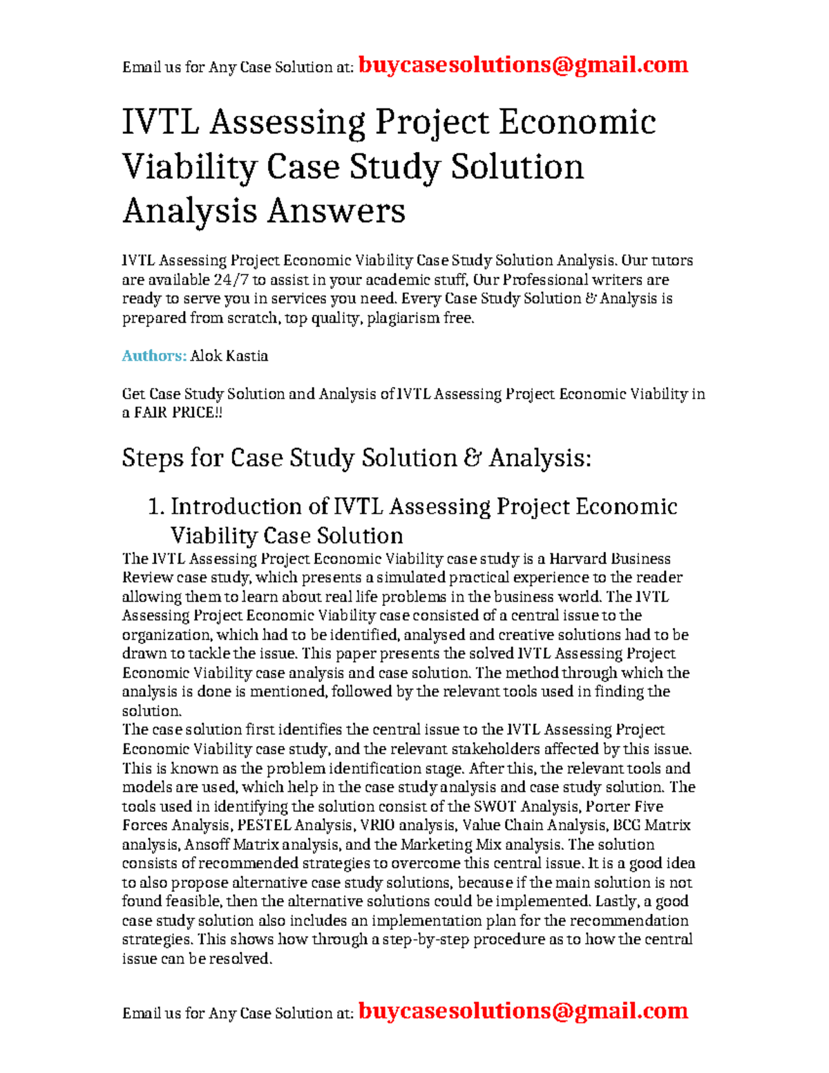 Case Solution IVTL Assessing Project Economic Viability - IVTL ...
