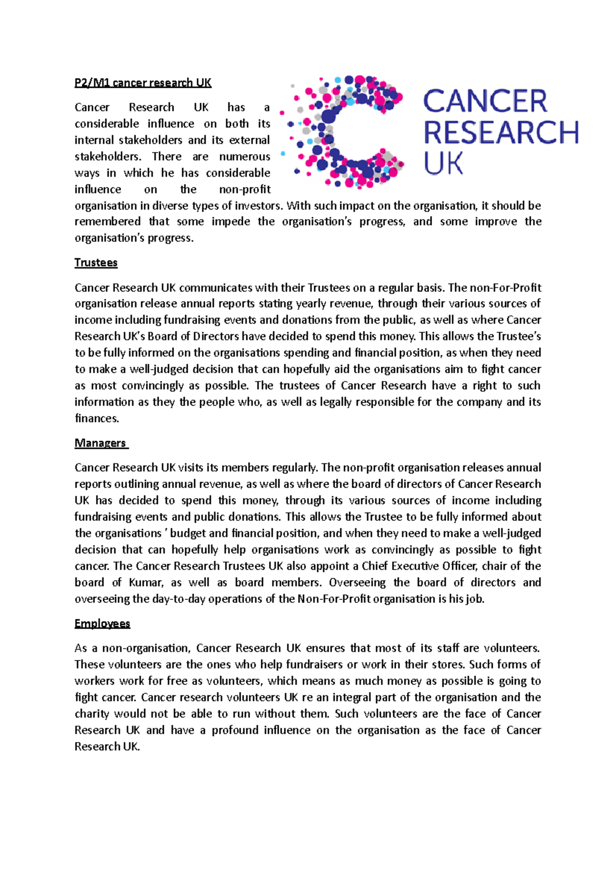 Influence of Stakeholders on Cancer Research UK - Studocu