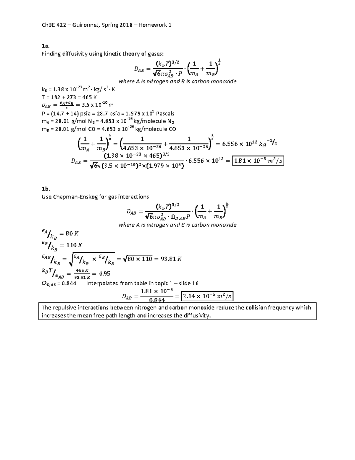 Ch BE 422 Spring 2018 - HW1 Solutions - ChBE 422 – Guironnet, Spring 2018 – Homework 1 1a ...