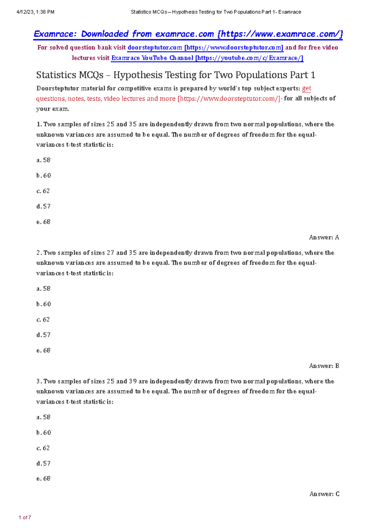 Hypothesis Testing For Two Populations Part 1 - Two samples of sizes 25 ...
