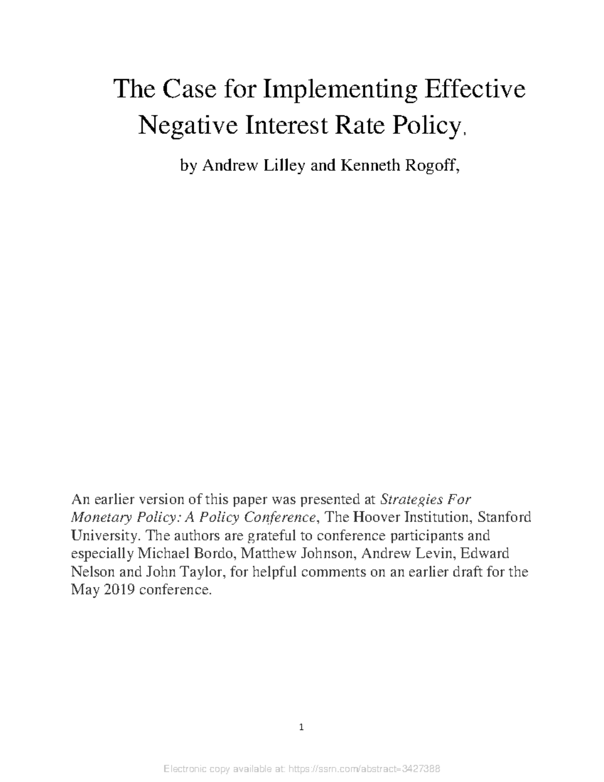 SSRN-id3427388 - negative interest rate - 1 The Case for Implementing ...