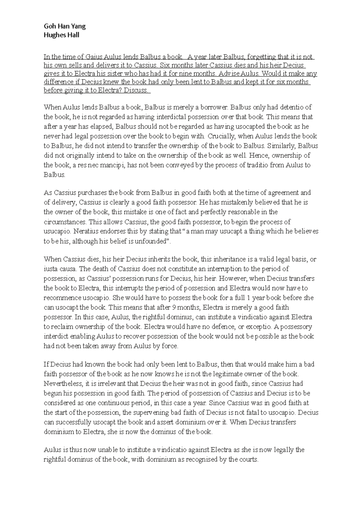 Roman law essay 1 - Goh Han Yang Hughes Hall In the time of Gaius Aulus ...