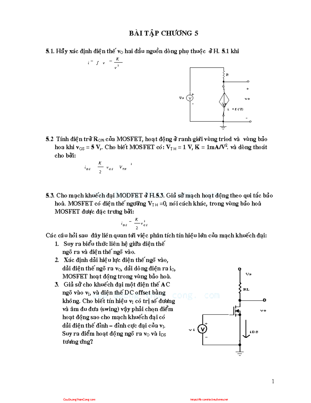 Dien-tu-co-ban nguyen-thanh-long bt-ch5.-khuech-dai-mosfet-sv - [cuuduongthancon - 1 BAØI TAÄP ...