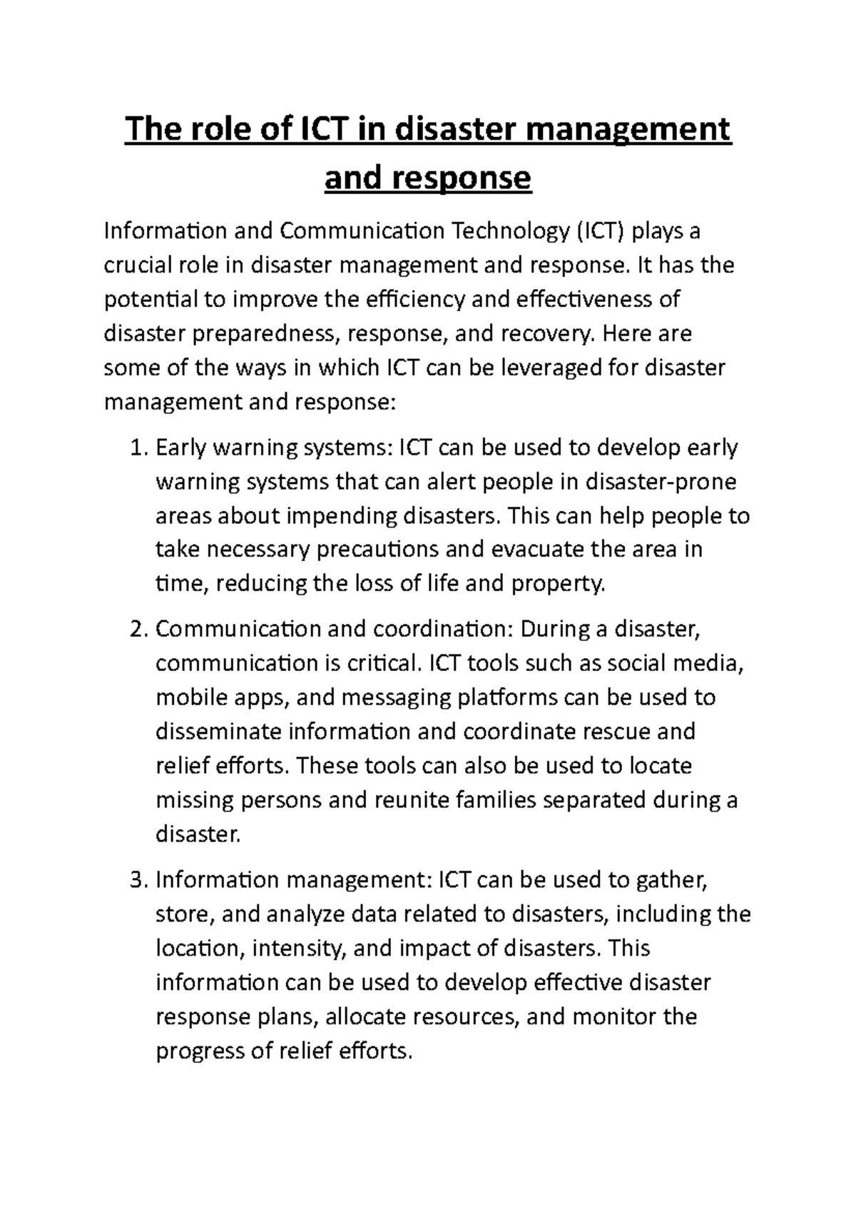 The role of ICT in disaster management and response - The role of ICT ...