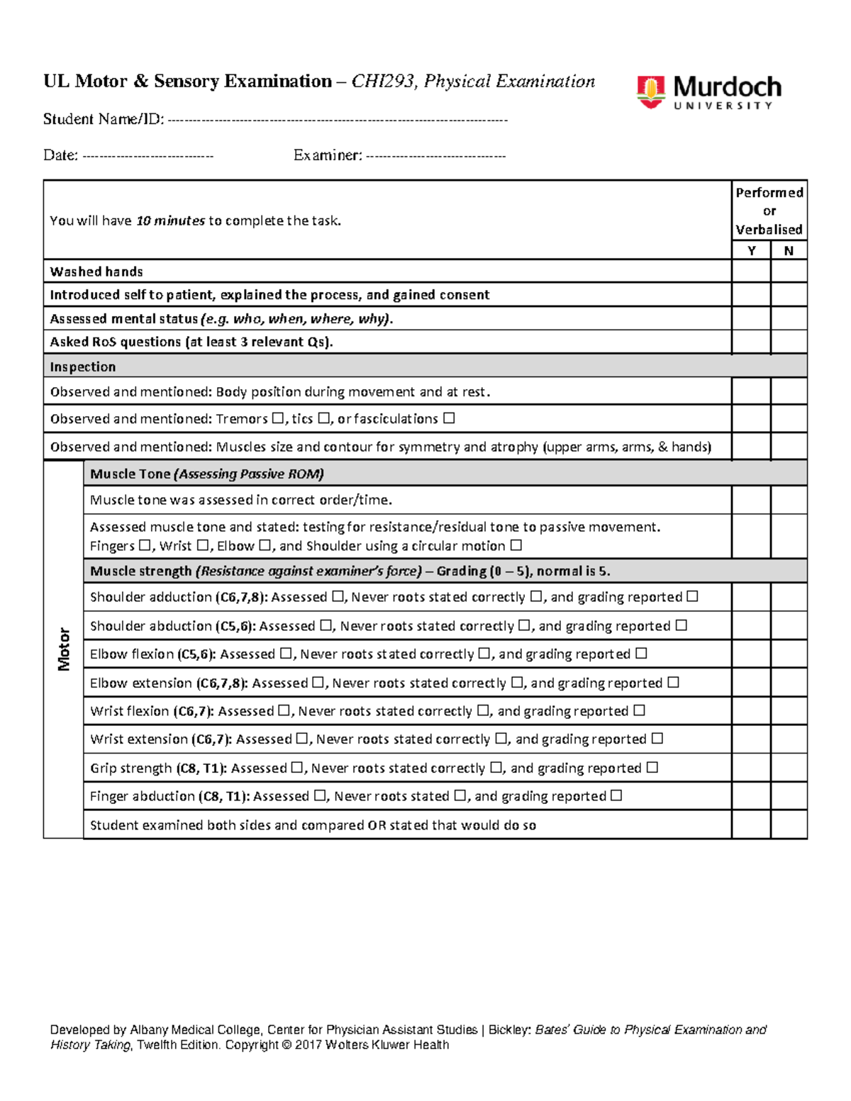 UL Nervous system Examination - MS - Skill Performance Evaluation ...
