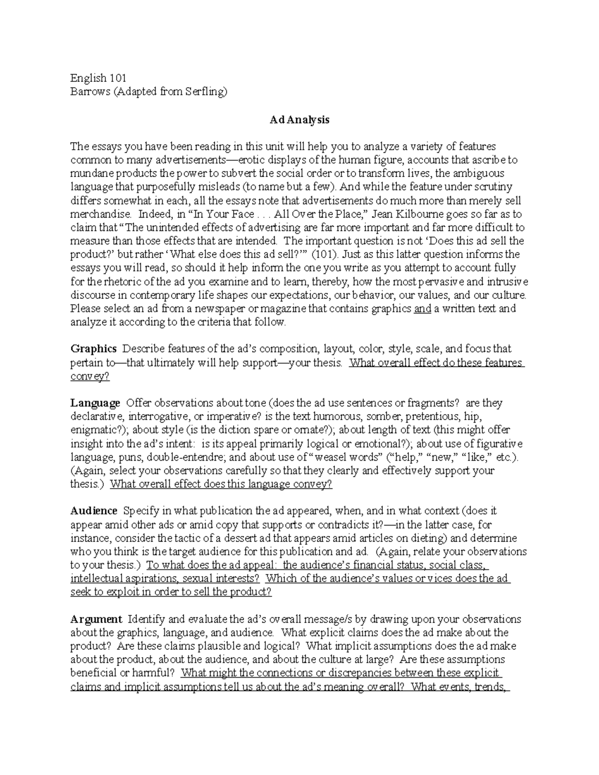 Ad Analysis Prompt - English 101 Barrows (Adapted from Serfling) Ad ...