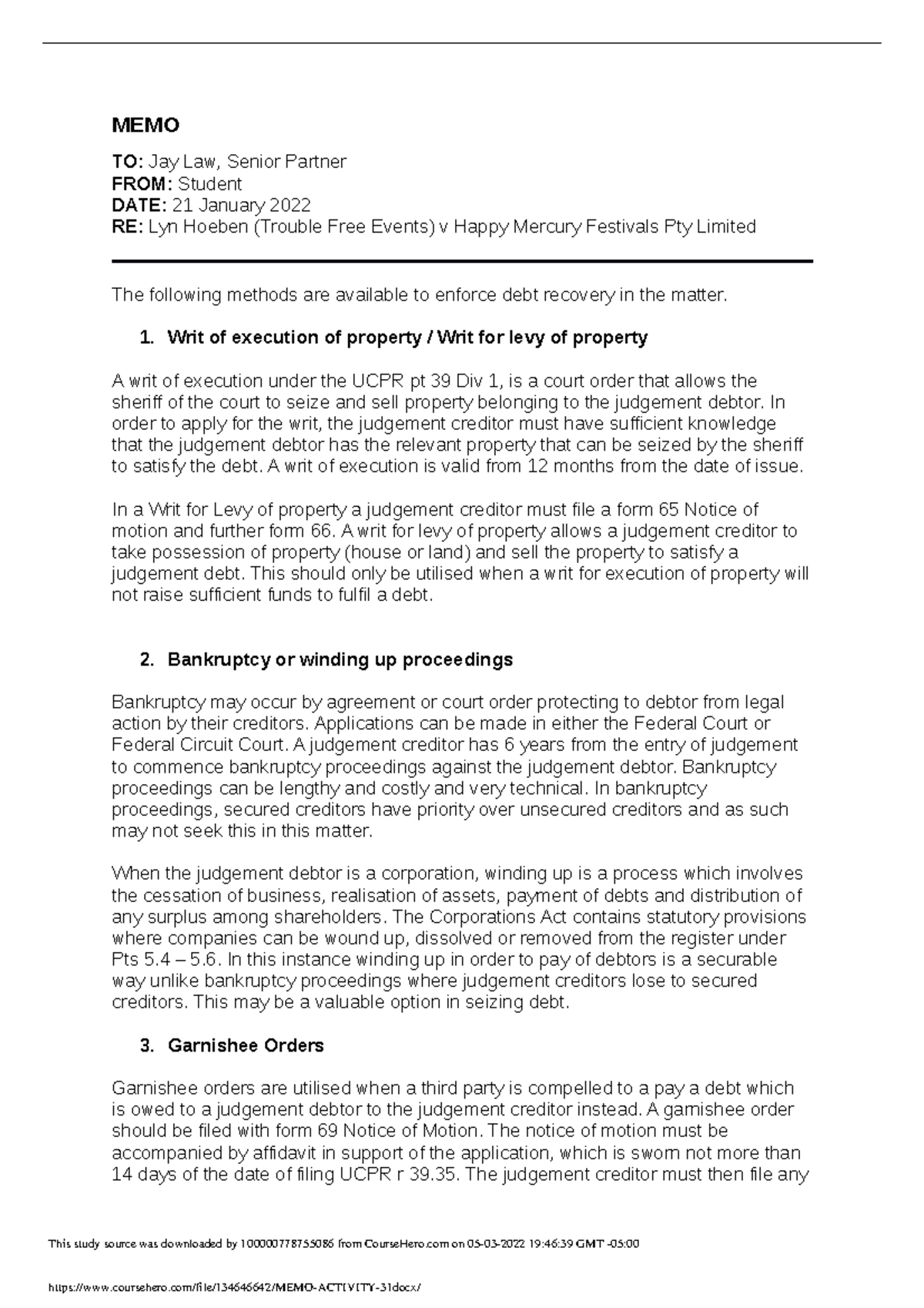 MEMO Activity 3 - ANSWERS TO QUESTIONS - MEMO TO: Jay Law, Senior ...