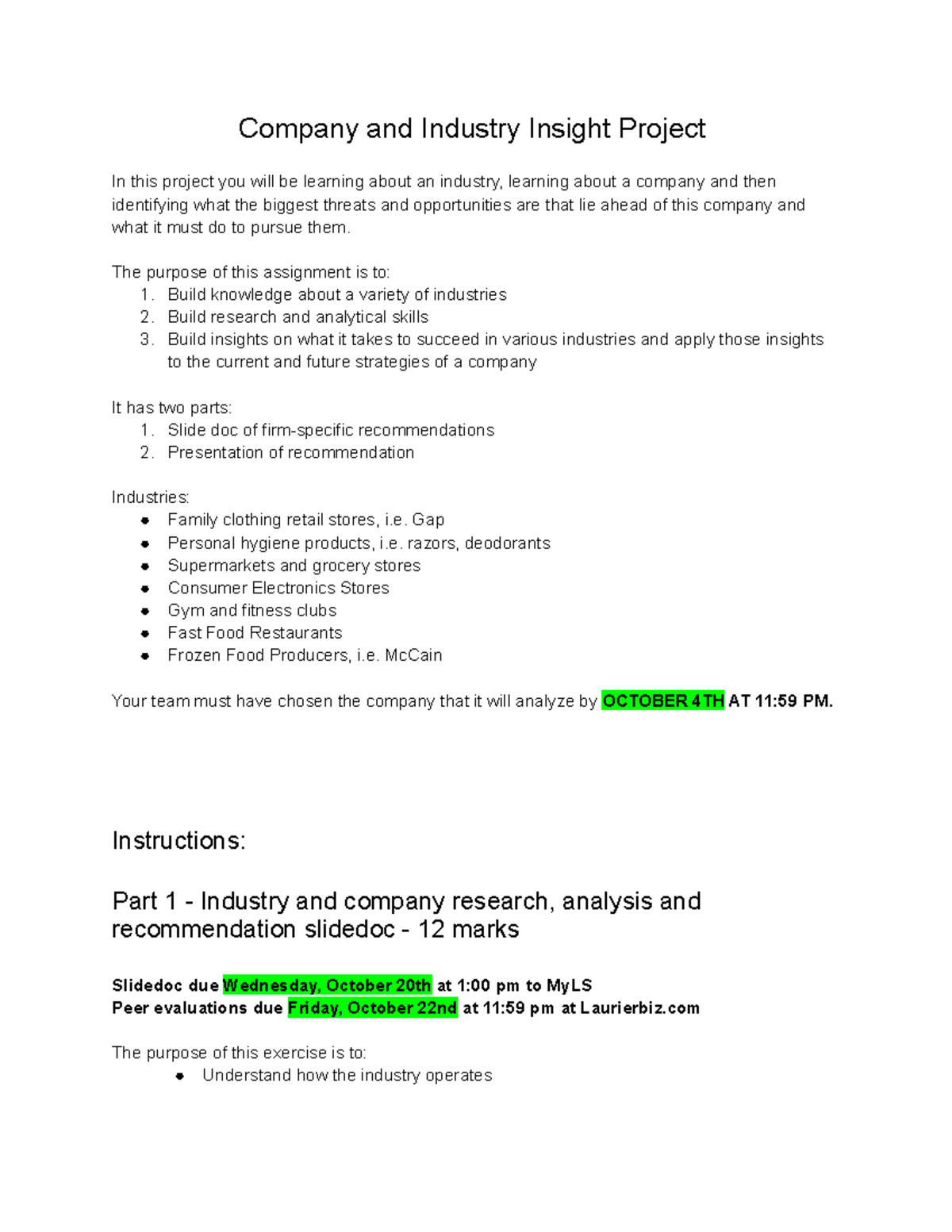 Company and Industry Insight Project Instructions - BU 111 - WLU - Studocu