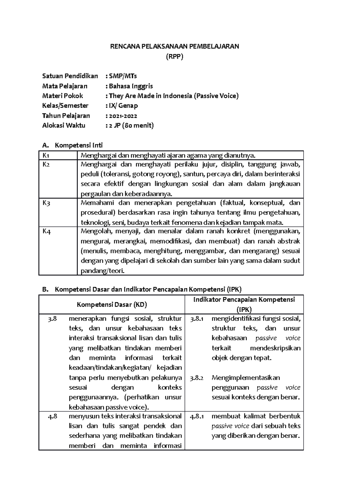 Practical Lesson Planning Passive - RENCANA PELAKSANAAN PEMBELAJARAN ...