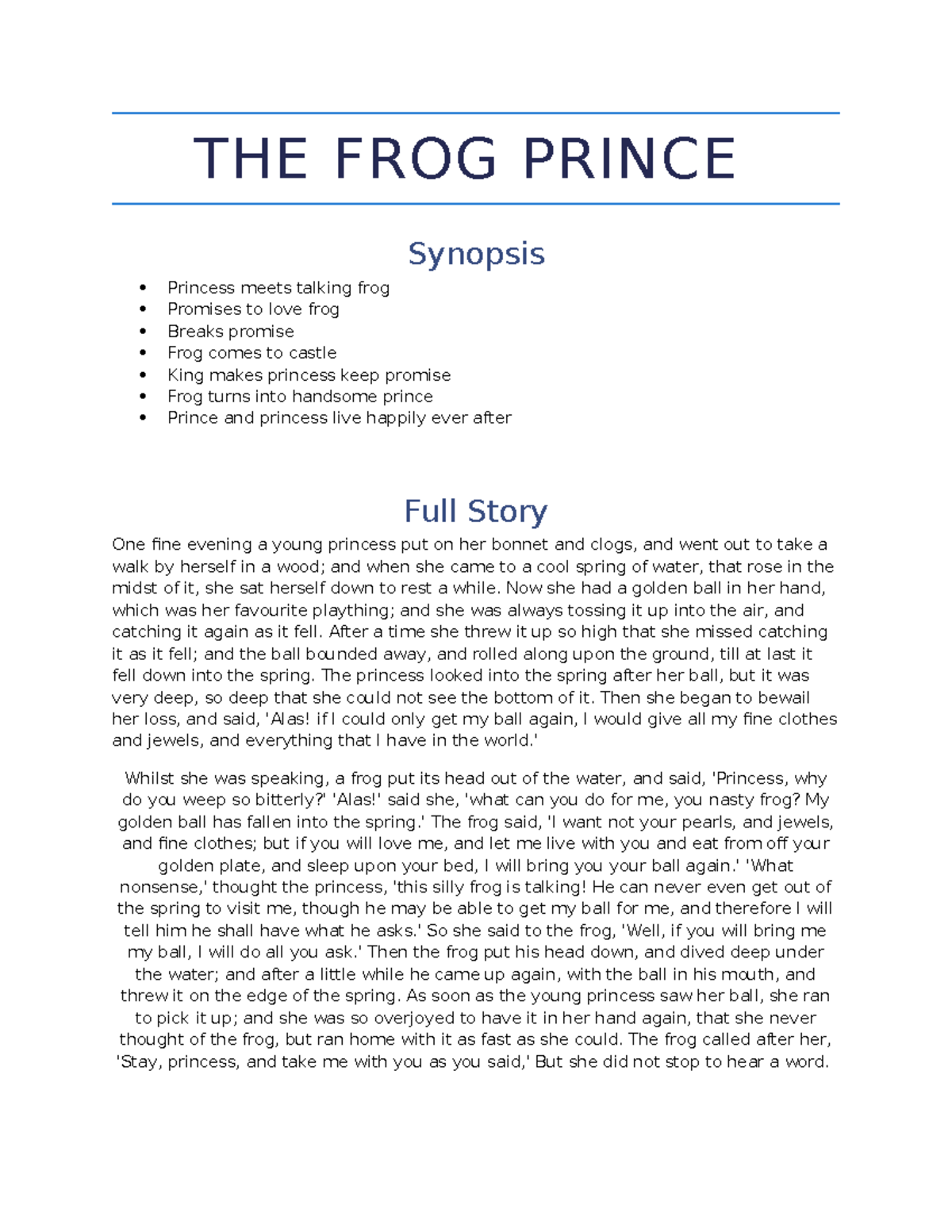 Word 5-3 - Tin học - THE FROG PRINCE Synopsis Princess meets talking ...