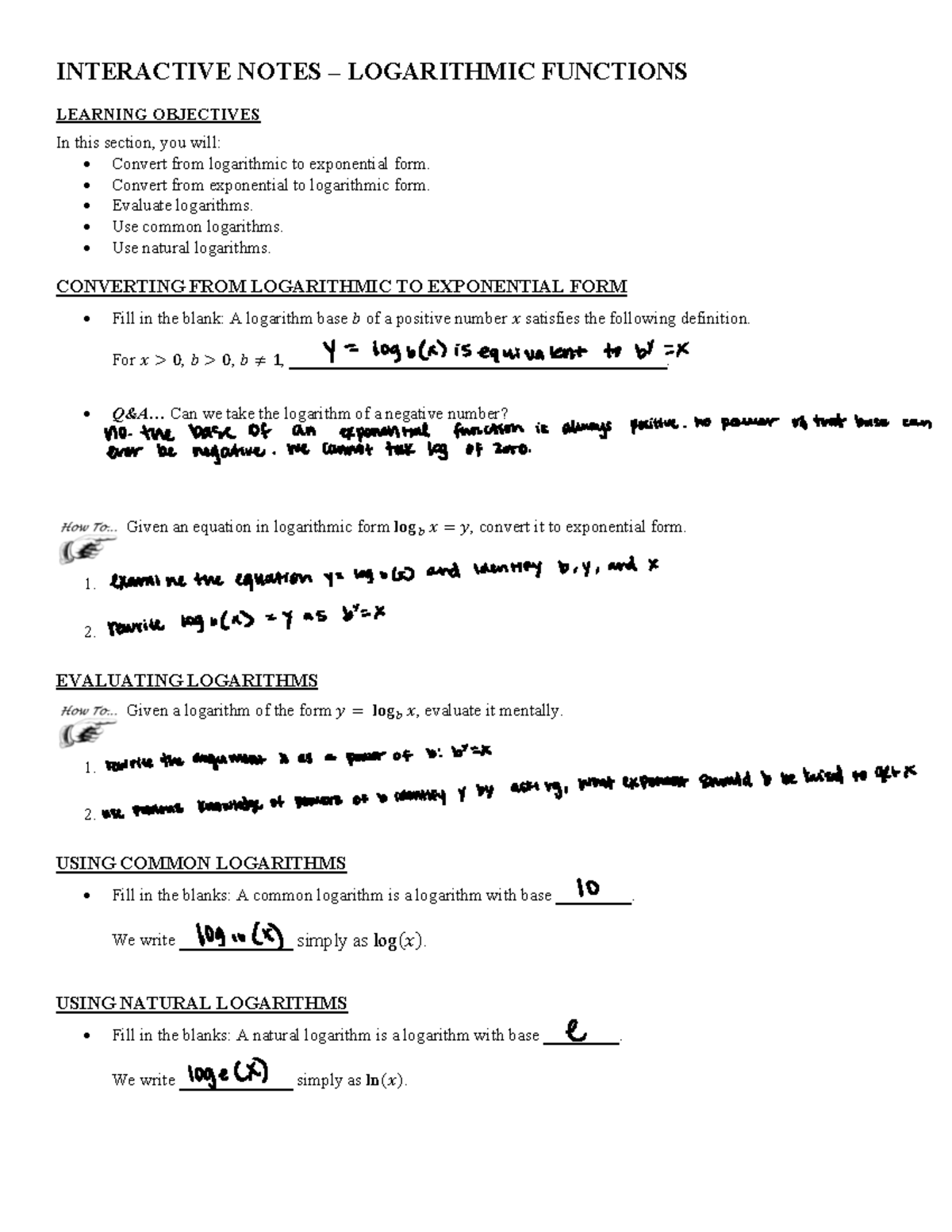 Interactive Notes 8 - INTERACTIVE NOTES – LOGARITHMIC FUNCTIONS ...