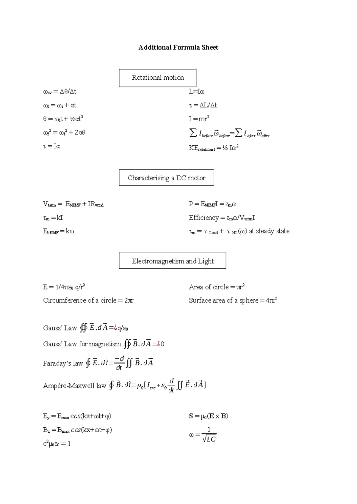 Additional Formula Sheet - Additional Formula Sheet Rotational motion ω ...