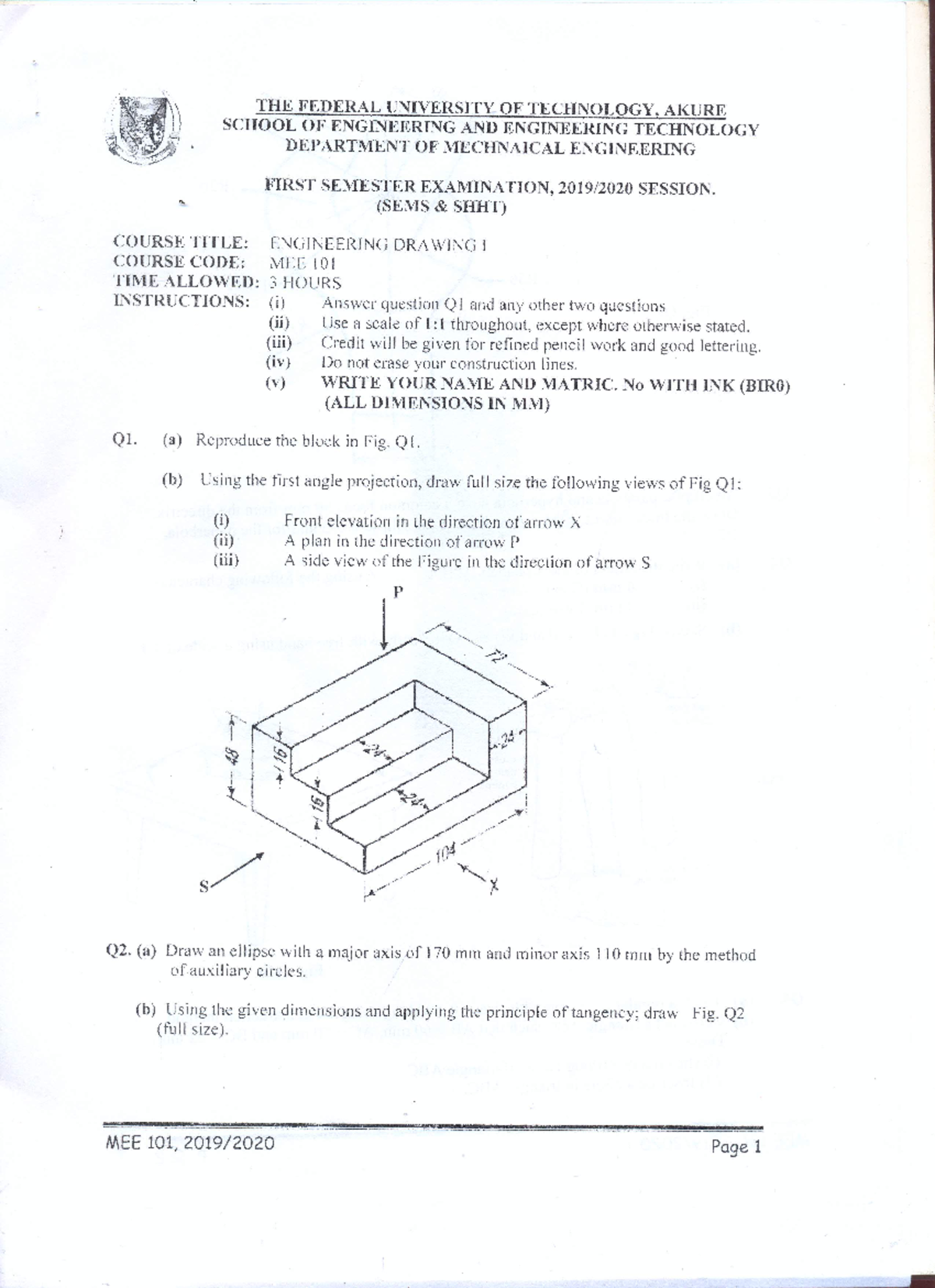 MEE 101 ( 2019 - 2020 ) Engeering Drawing 10001 - Engineering drawing ...