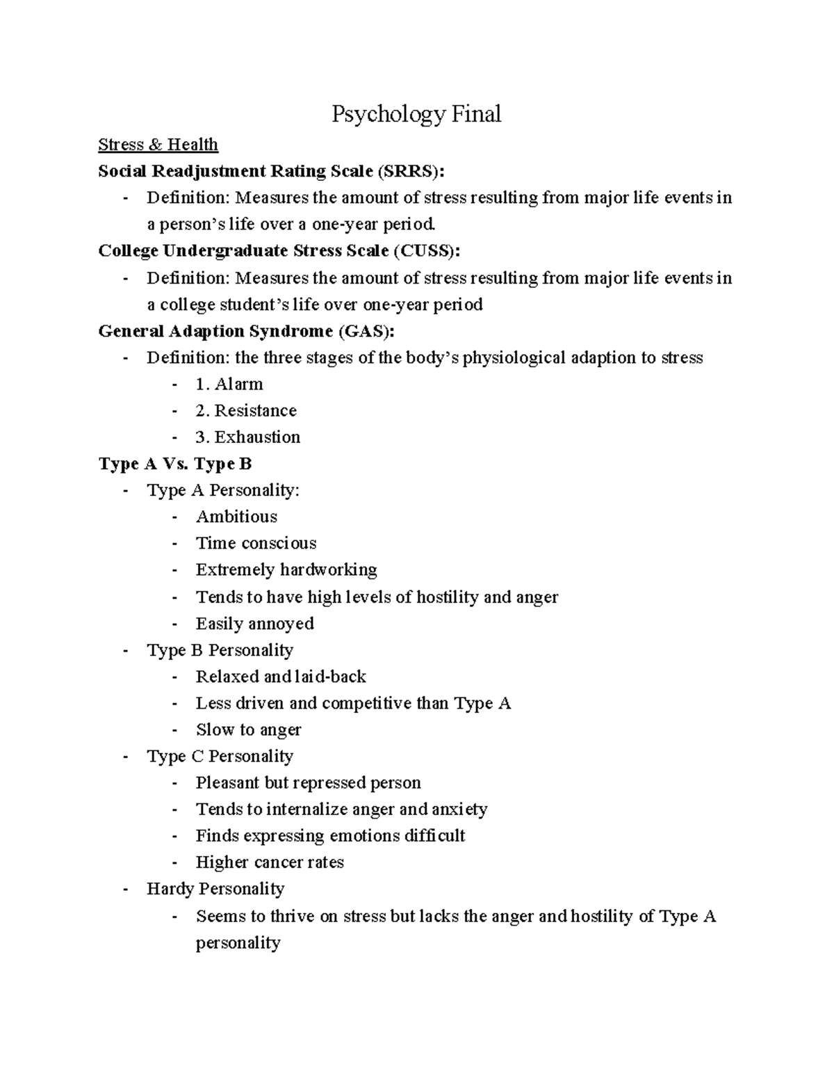 Psychology Final - College Undergraduate Stress Scale (CUSS ...