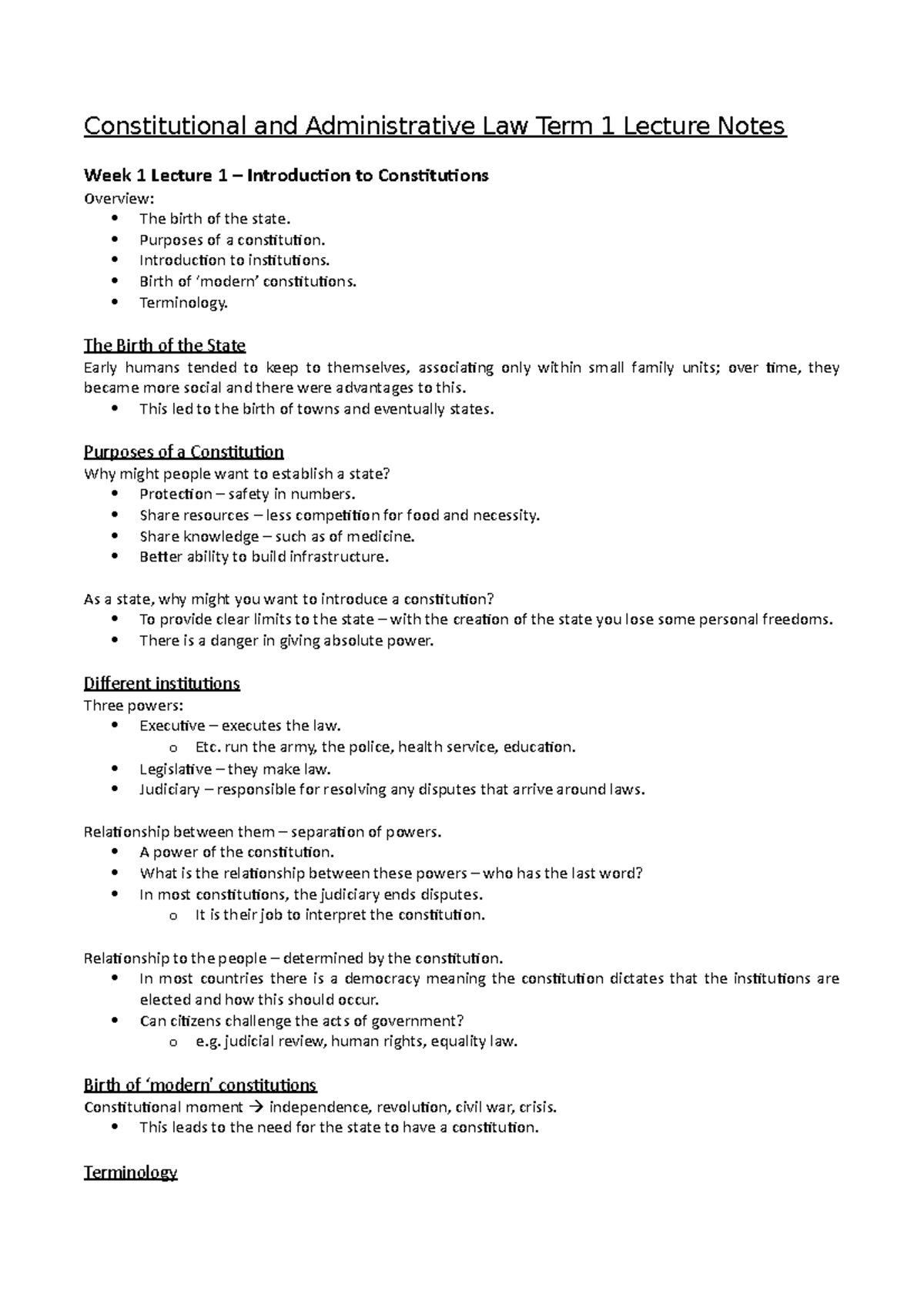 Constitutional and Administrative Law Term 1 Lecture Notes - Purposes ...