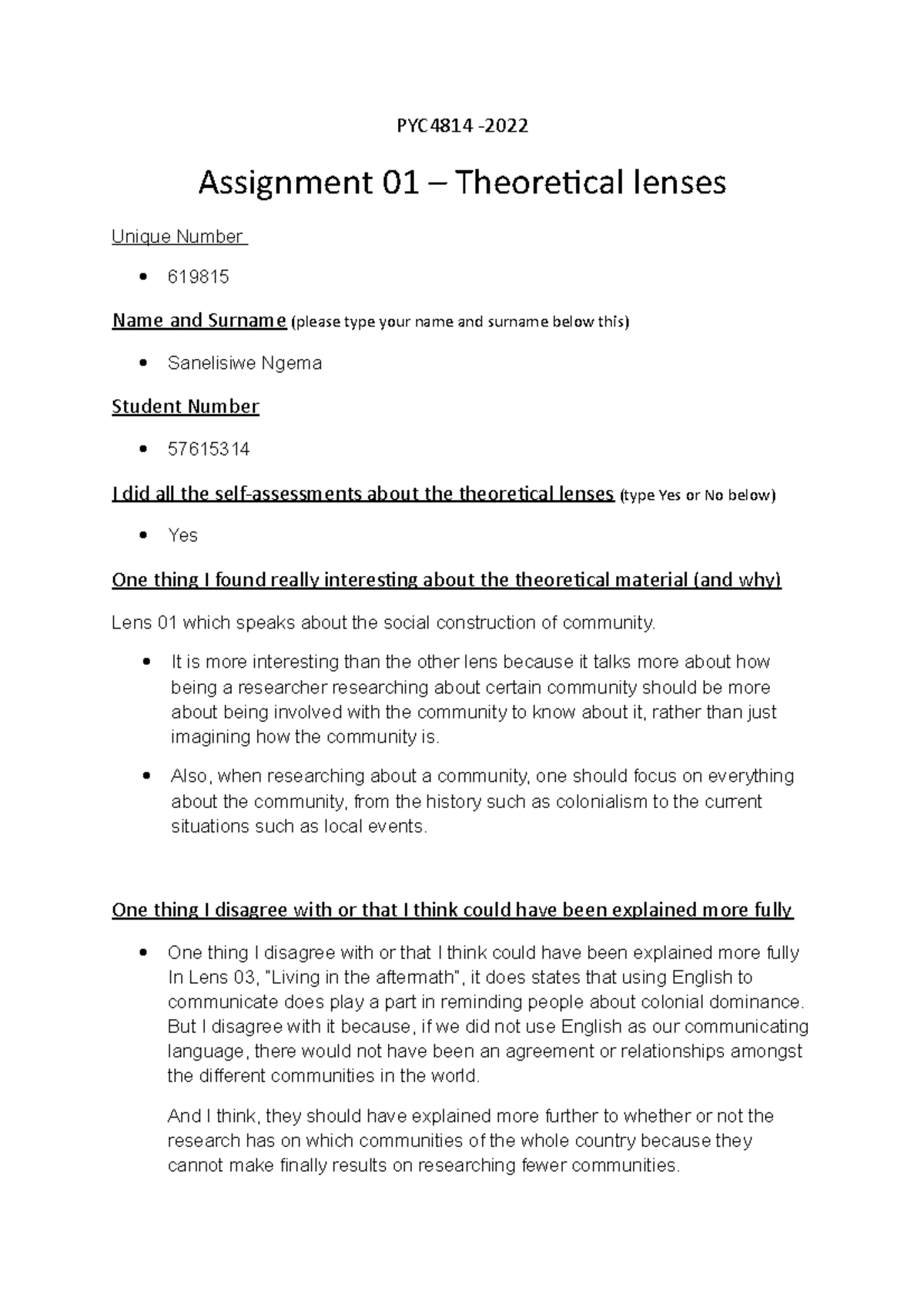 Assignment 01 template - PYC4814 - Assignment 01 – Theoretical lenses Unique Number 619815 Name ...