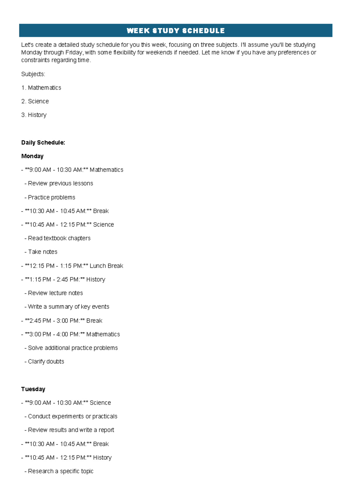 Week Study Schedule - Example and Layout - WEEK STUDY SCHEDULE Let's ...