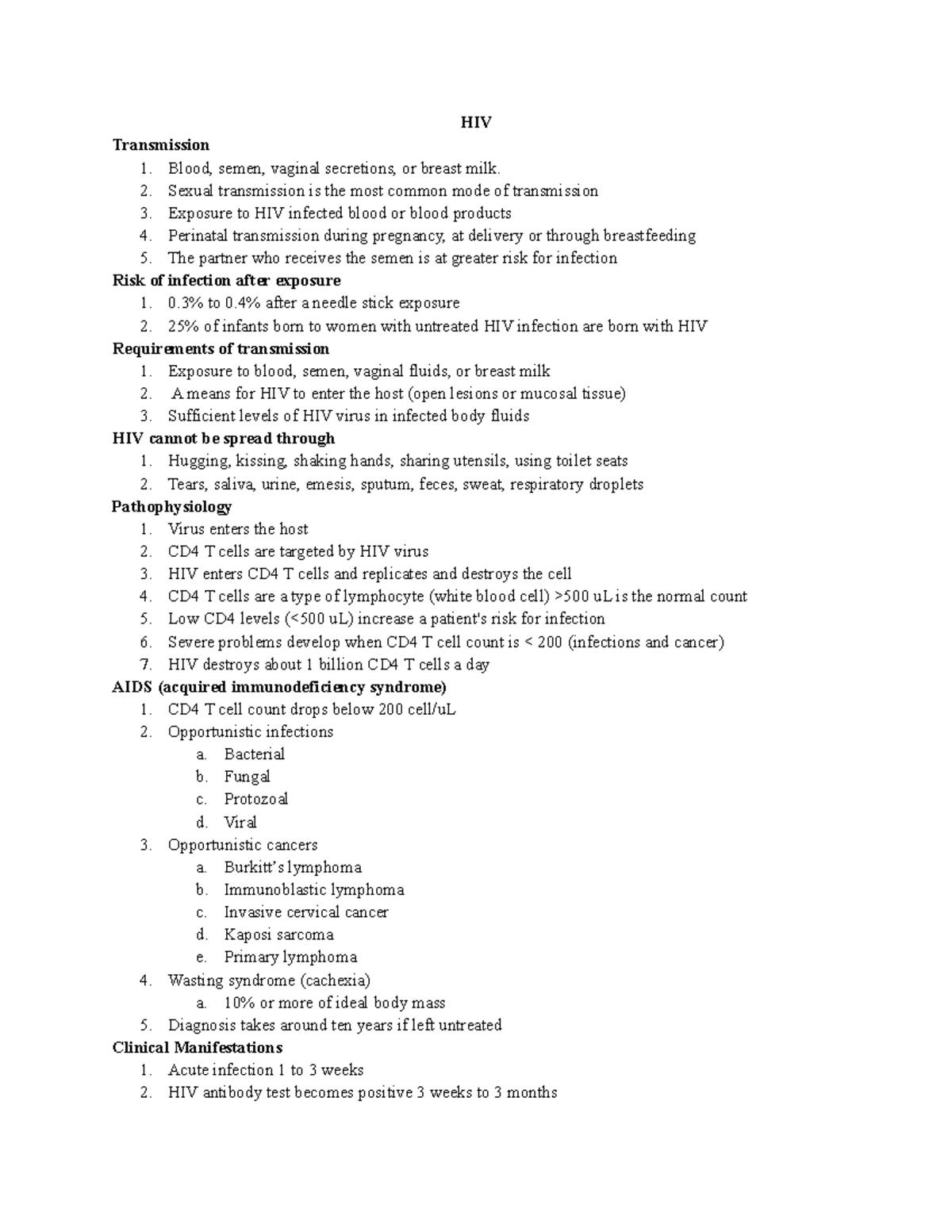 HIV - HIV lecture notes - HIV Transmission 1. Blood, semen, vaginal ...