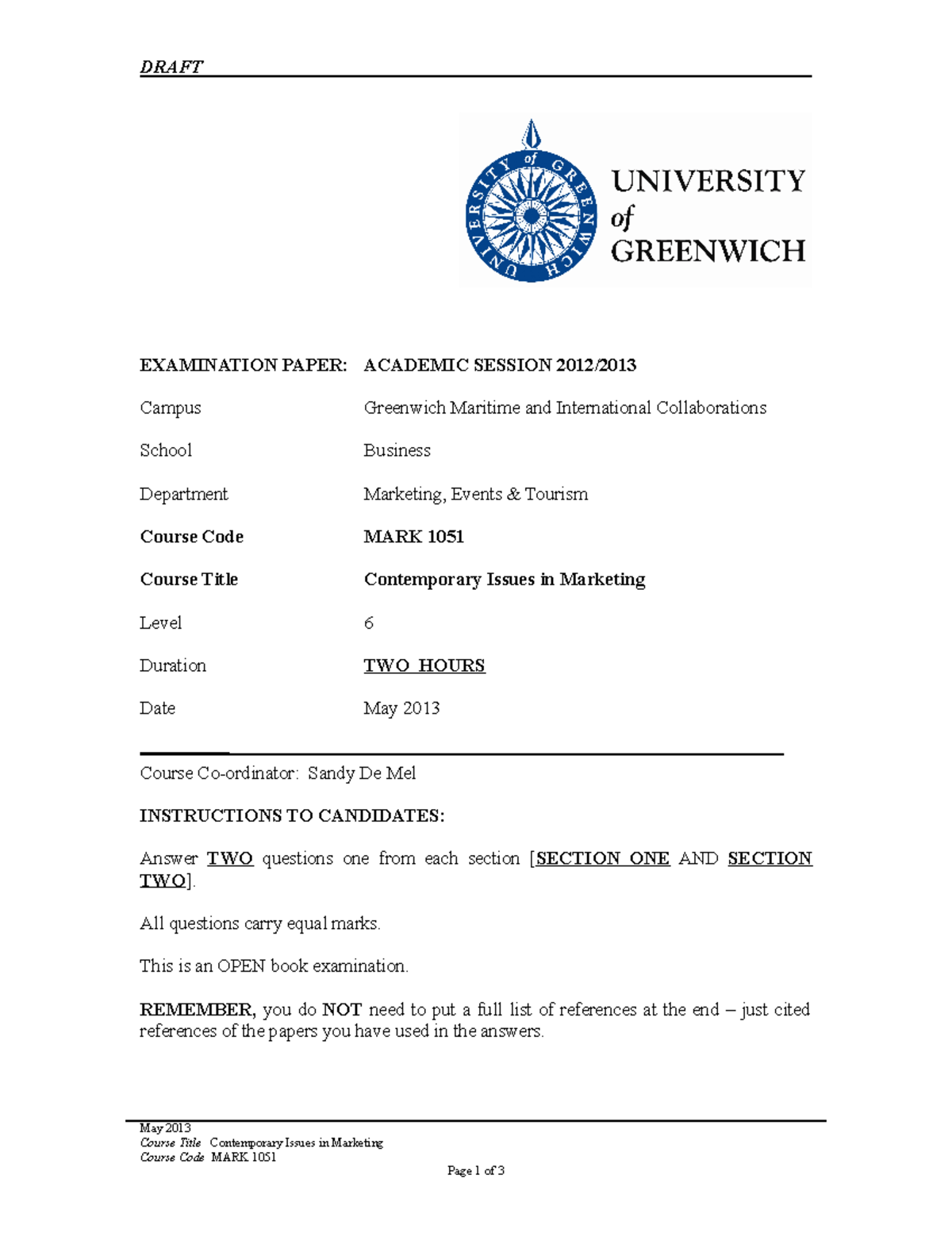 Contemporary Issues in Marketing - Exam Paper May - DRAFT EXAMINATION ...