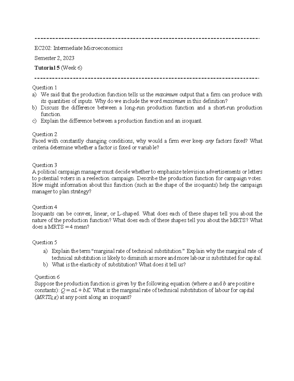Tutorial 5 - SOLUTION - EC202: Intermediate Microeconomics Semester 2, 2023 Tutorial 5 (Week 6 ...