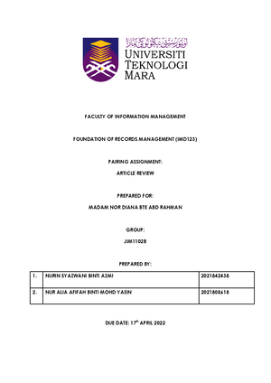 FILE Classifications - NOTES - Foundation Of Record Management - UiTM ...