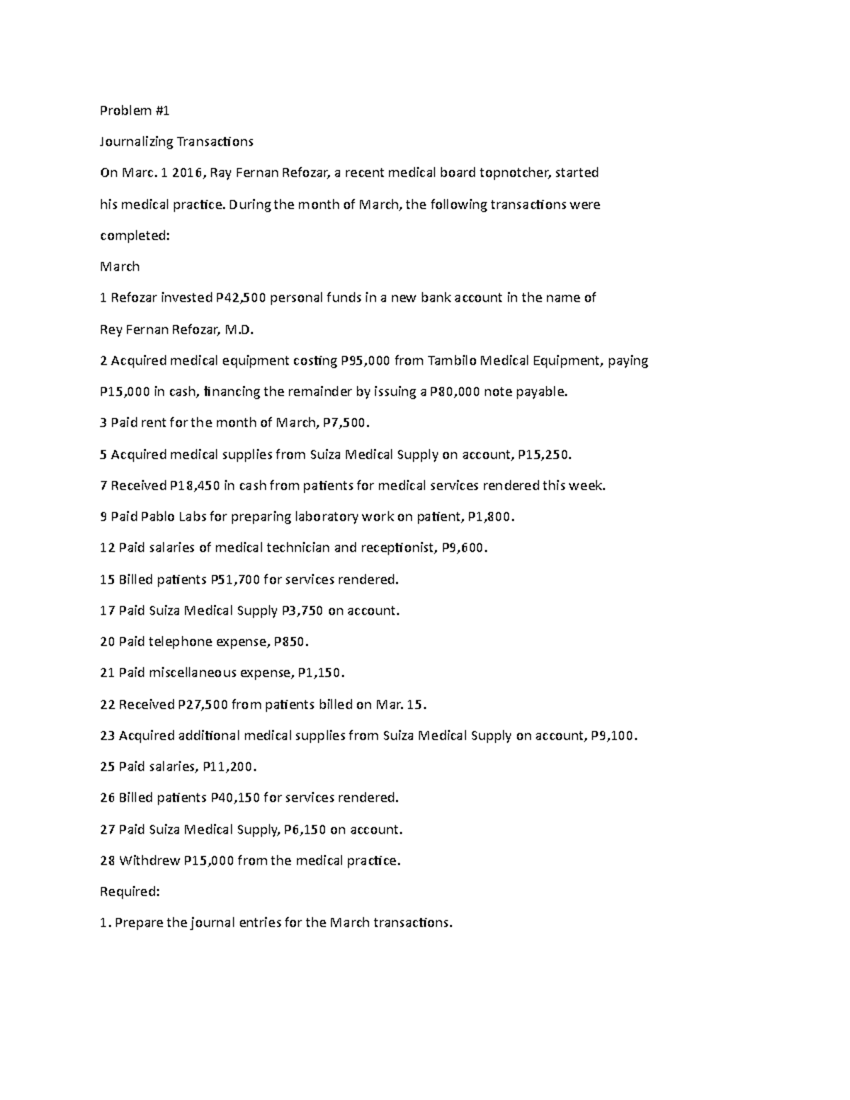 Accounting practice - Problem # Journalizing Transactions On Marc. 1 ...
