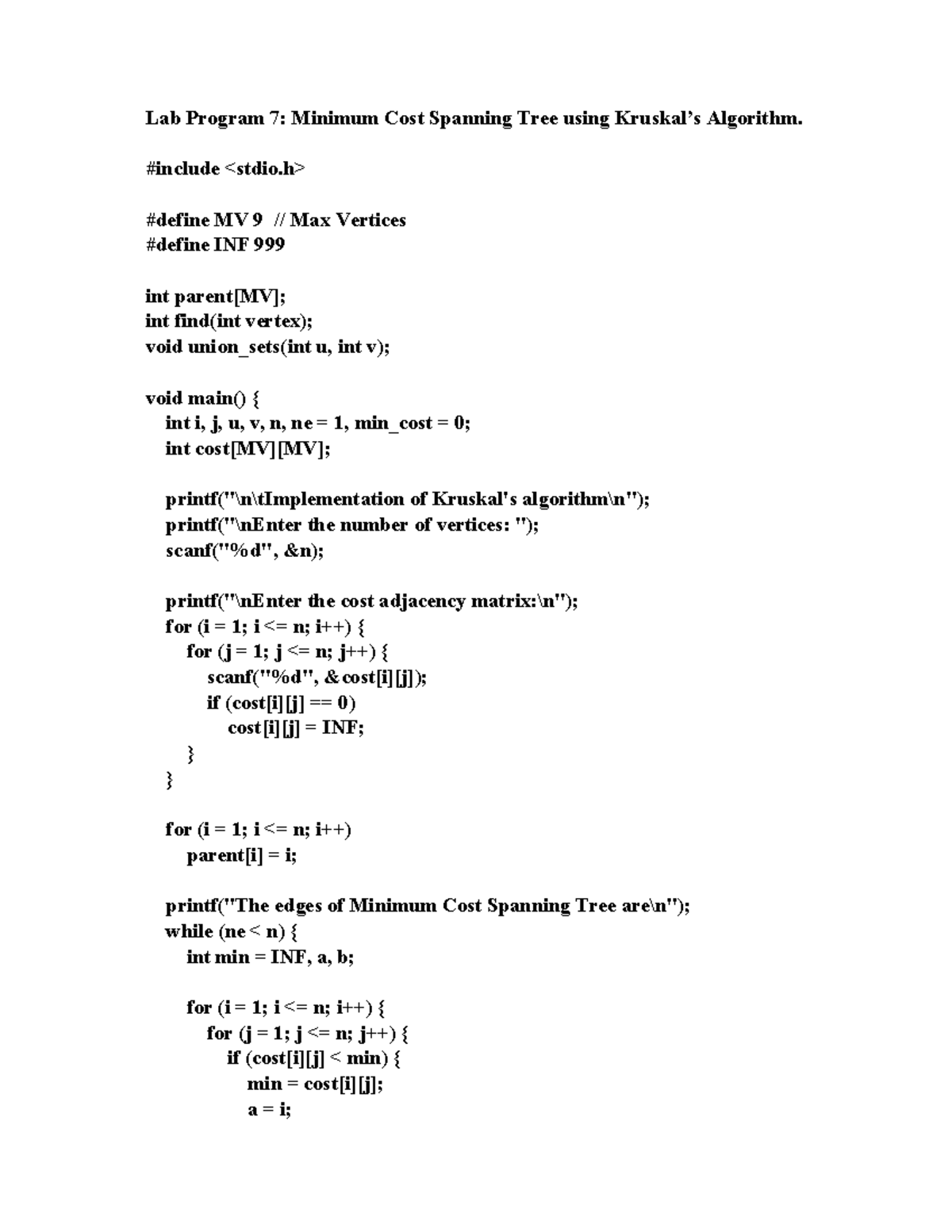 Lab manual- Introduction to Python - Lab Program 7: Minimum Cost Spanning Tree using Kruskal’s ...