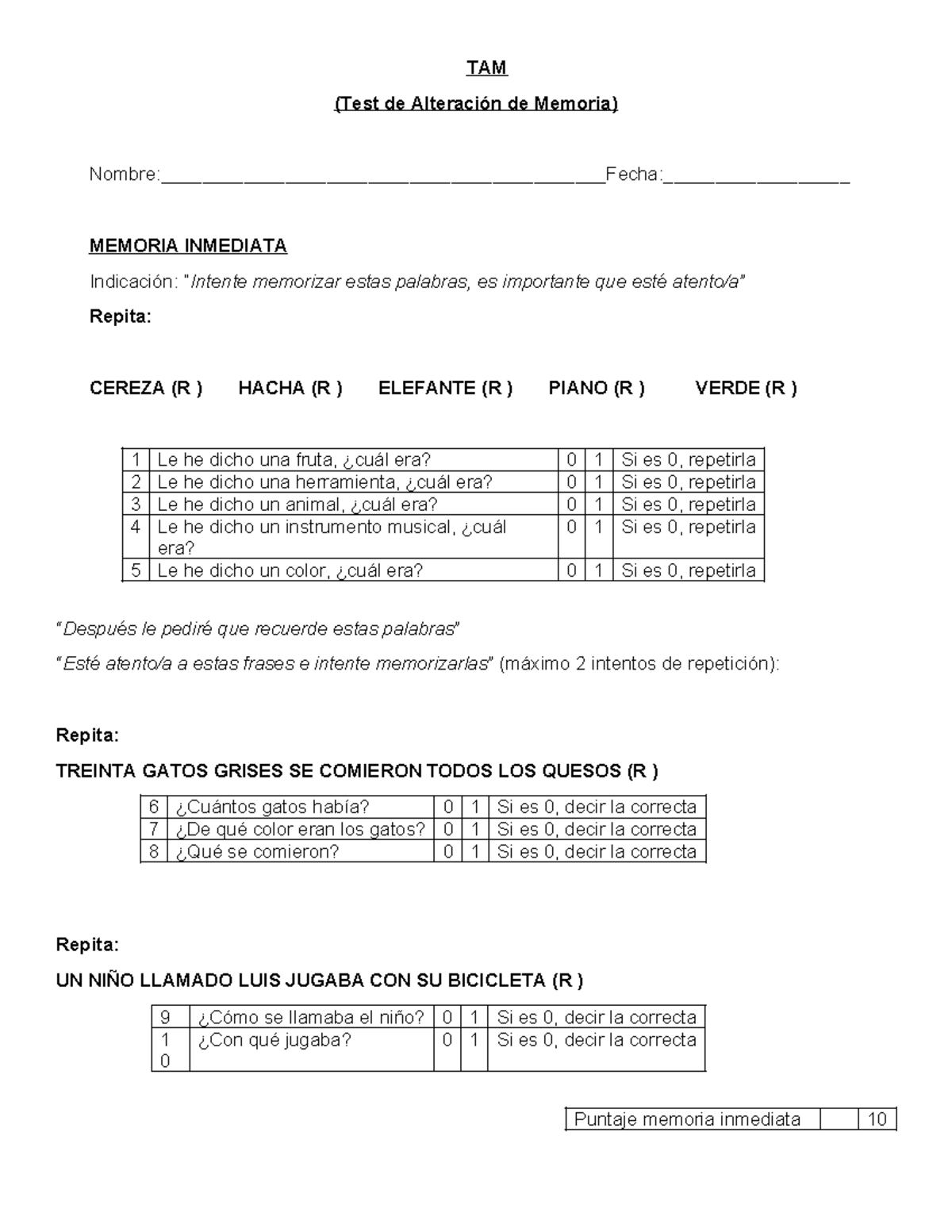 TAM - Test para evaluar el area neurologia en adultos. - TAM (Test de ...