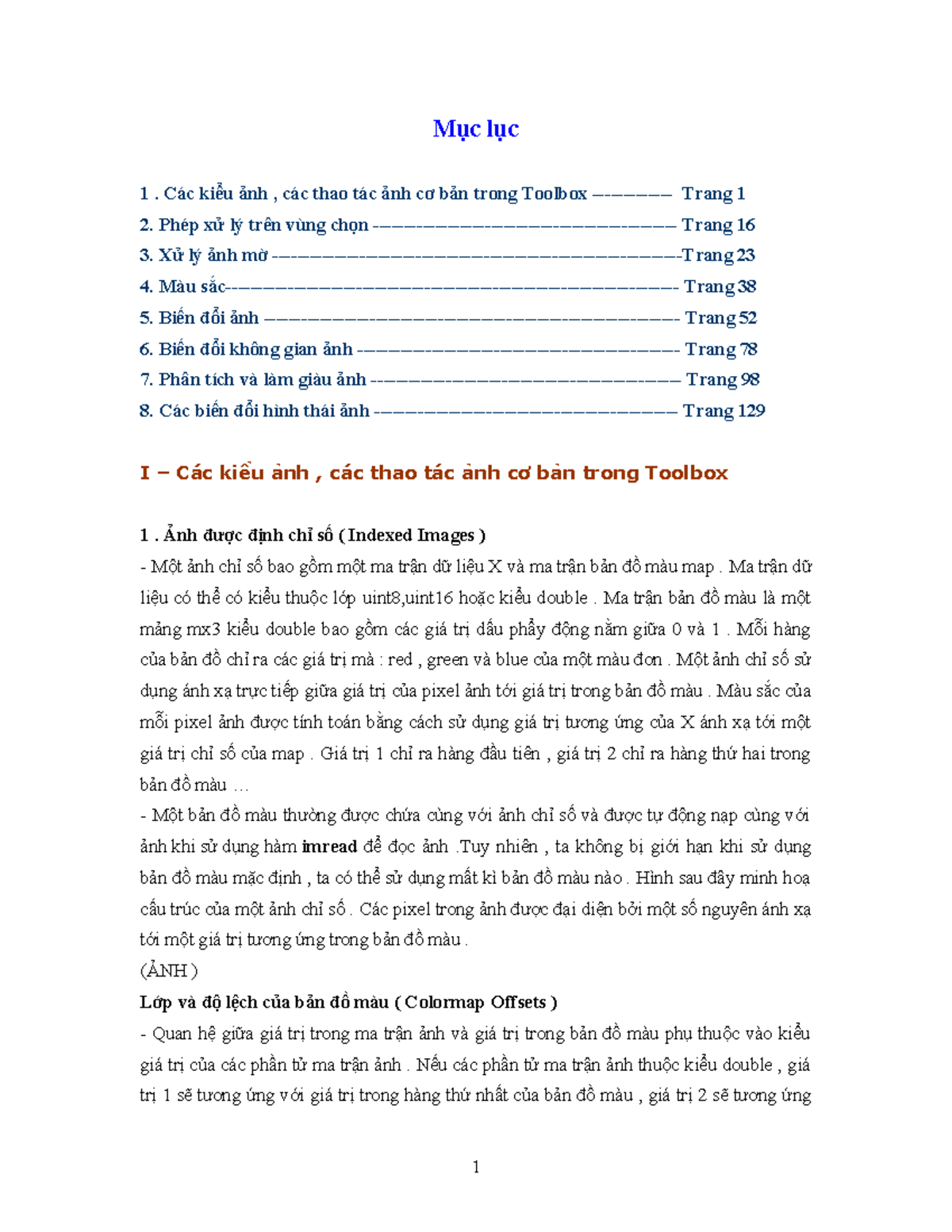 Xu ly anh tren matlab - class - Mục lục Các kiểu ảnh , các thao tác ảnh ...