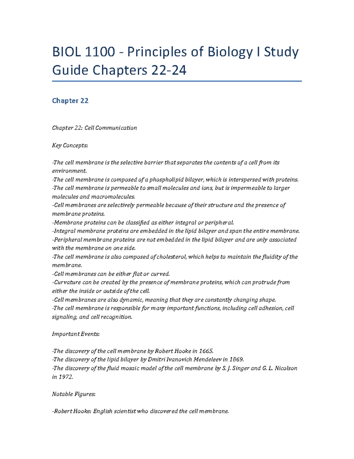 BIOL 1100 - Principles of Biology I Study Guide Chapters 22-24 -The ...