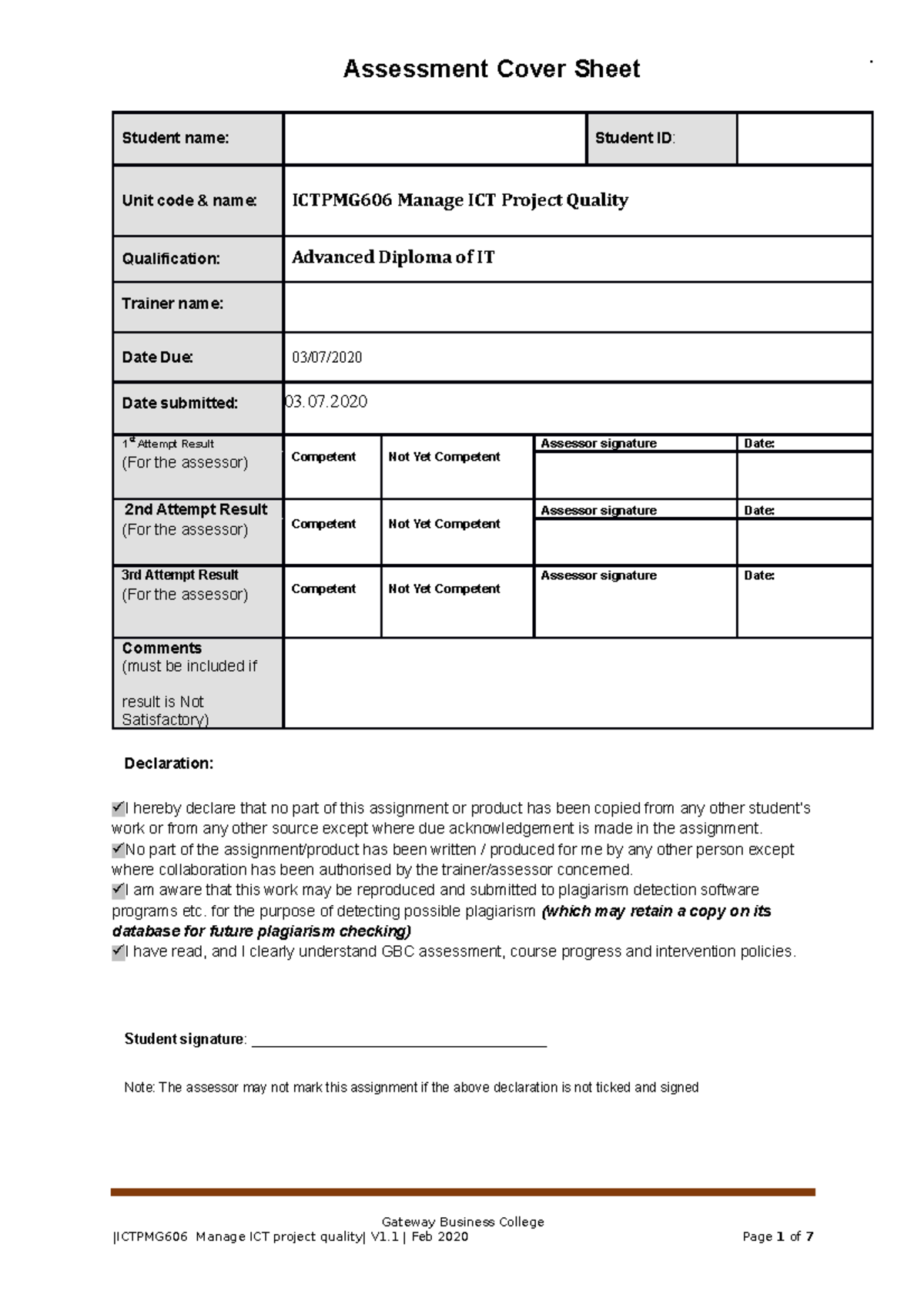 Ictpmg 606 Manage ICT project quality Assessment - Assessment Cover ...