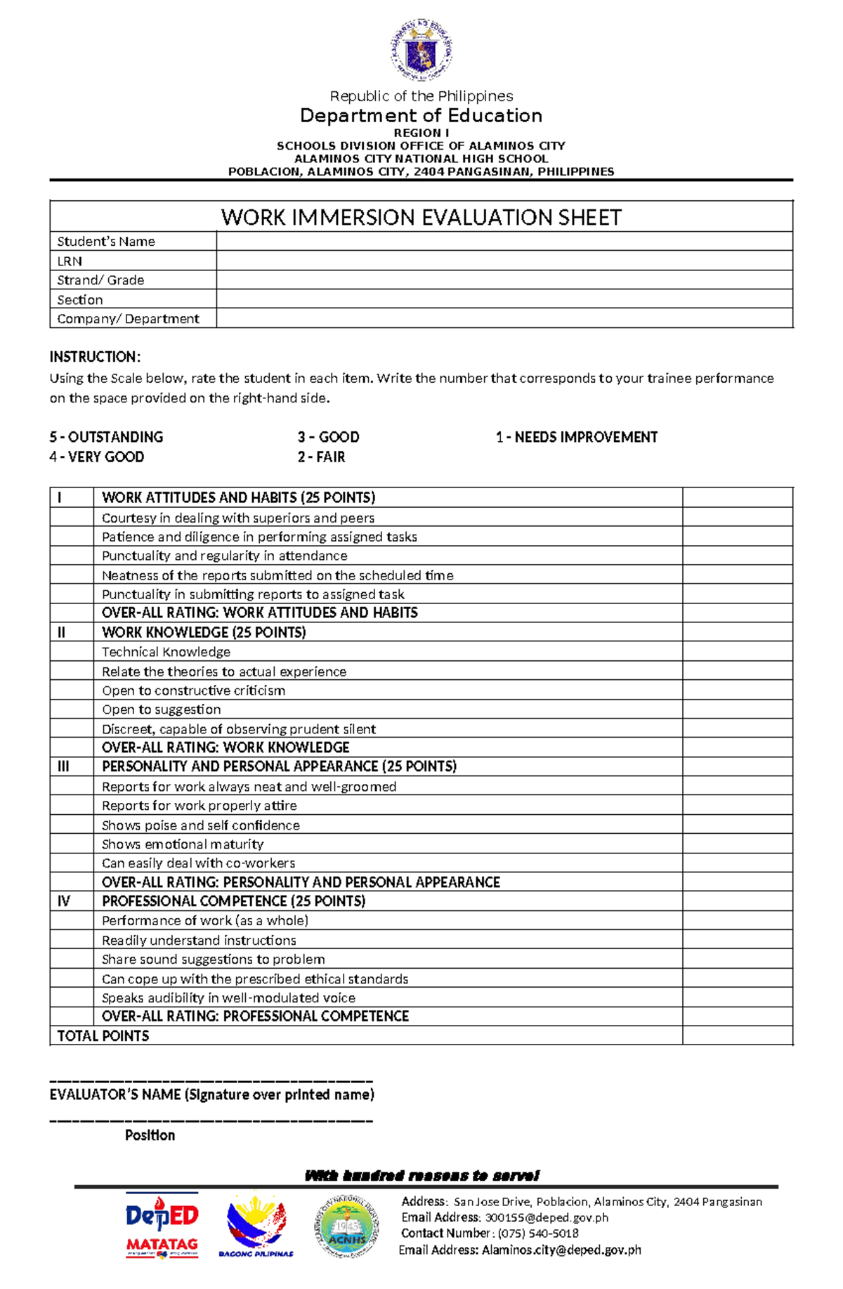 Work-Immersion-Evaluation - Republic of the Philippines Department of ...