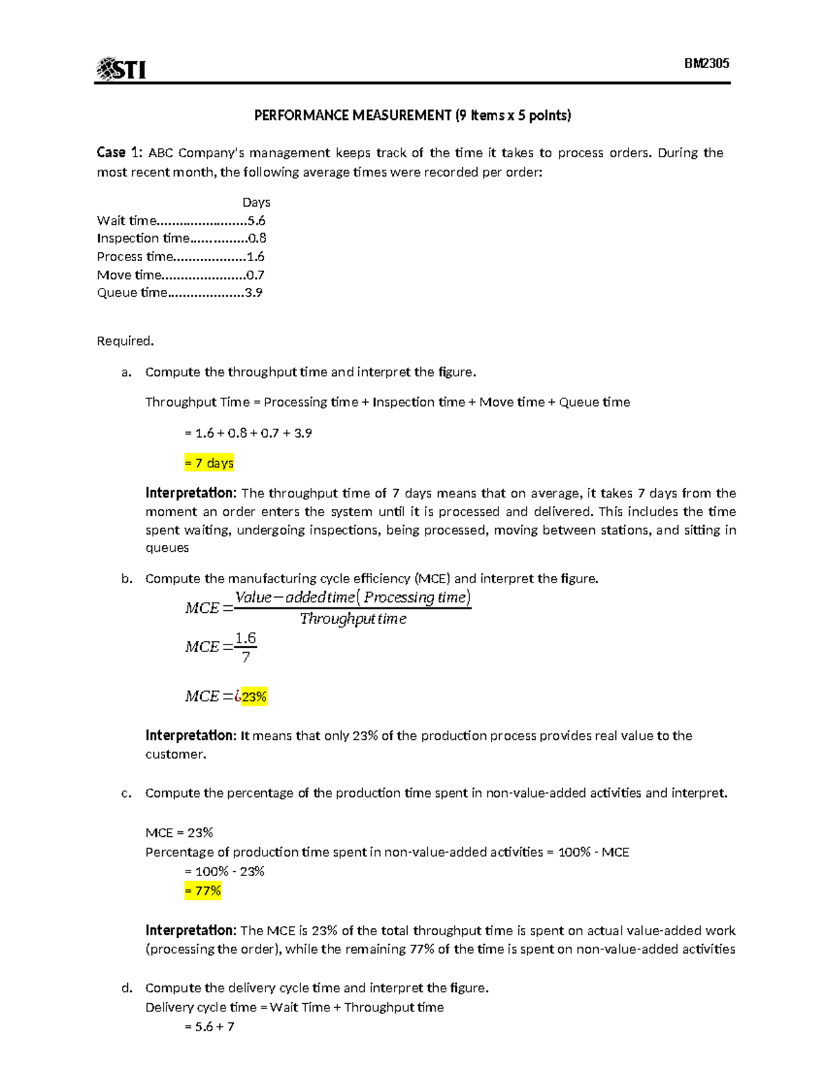 03 Activity 1(2) - PERFORMANCE MEASUREMENT - PERFORMANCE MEASUREMENT (9 items x 5 points) Case 1 ...