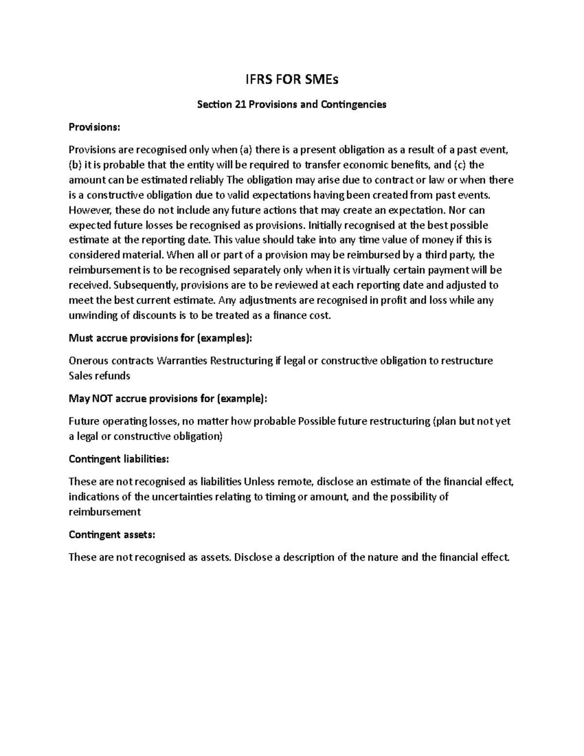 IFRS FOR SMEs - Provision and Contingencies - IFRS FOR SMEs Section 21 ...