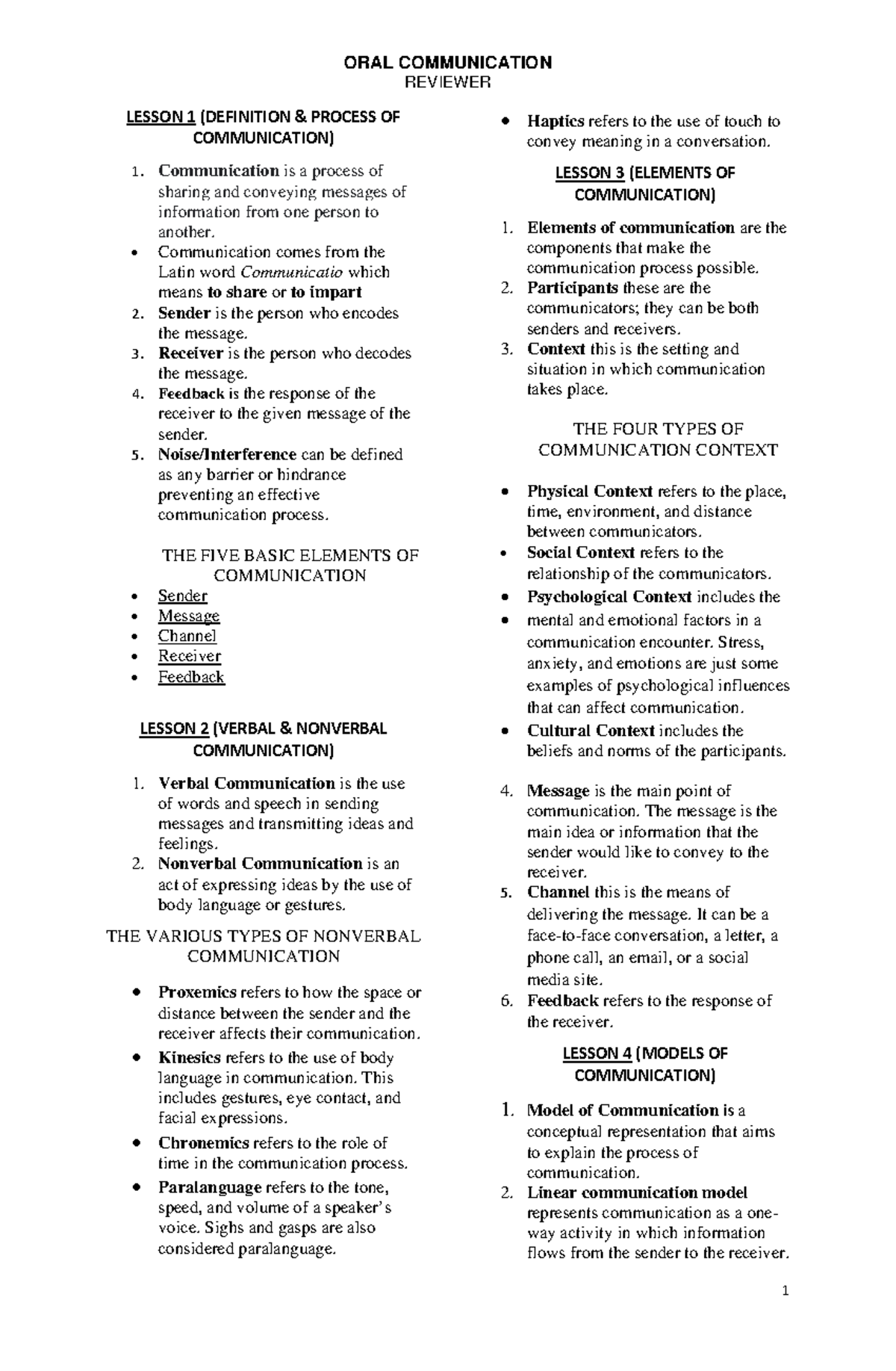 Lesson 1 TO 6 - ( Reviewer) - ORAL COMMUNICATION REVIEWER 1 LESSON 1 ...