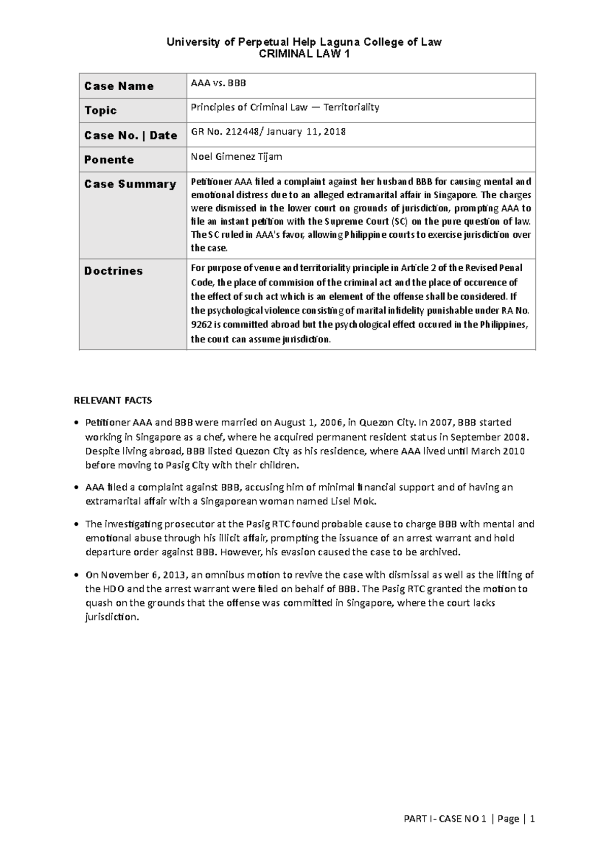 Case digest criminal law 1 - CRIMINAL LAW 1 RELEVANT FACTS Pe$$oner AAA ...