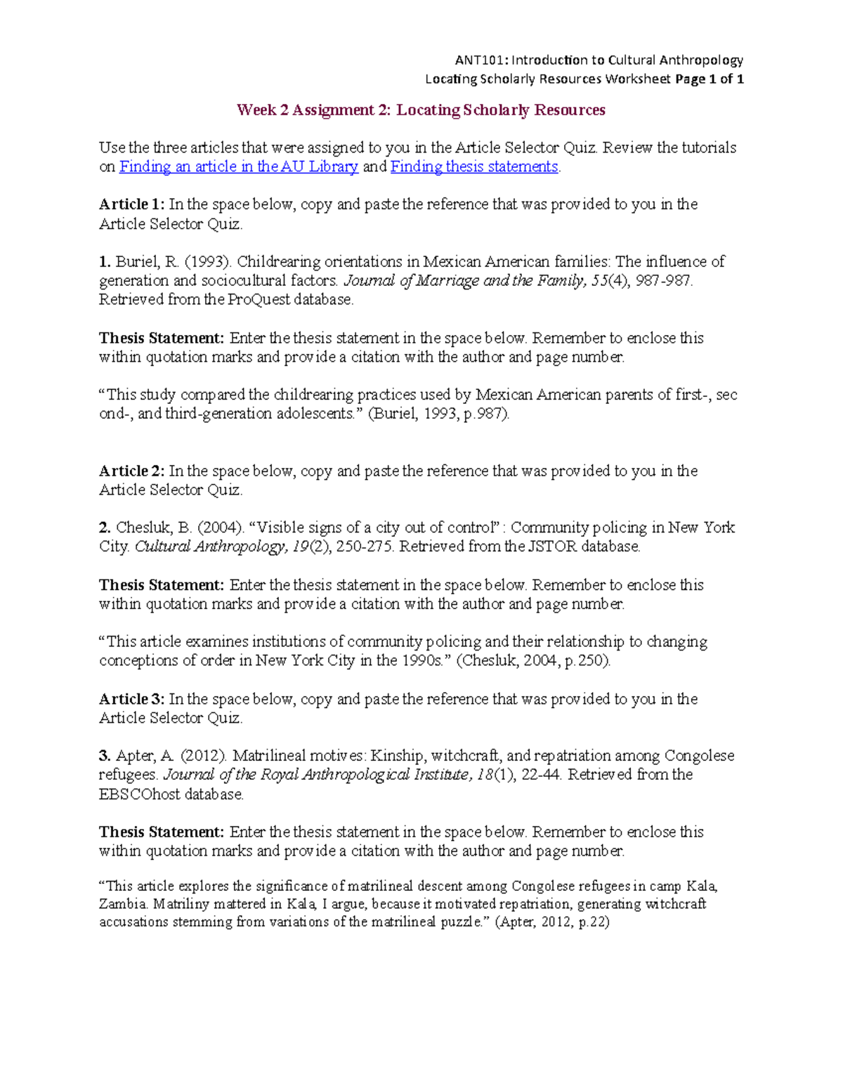 ANT101 W2 Assignment Worksheet 2.9.15 - ANT101: Introduction to ...