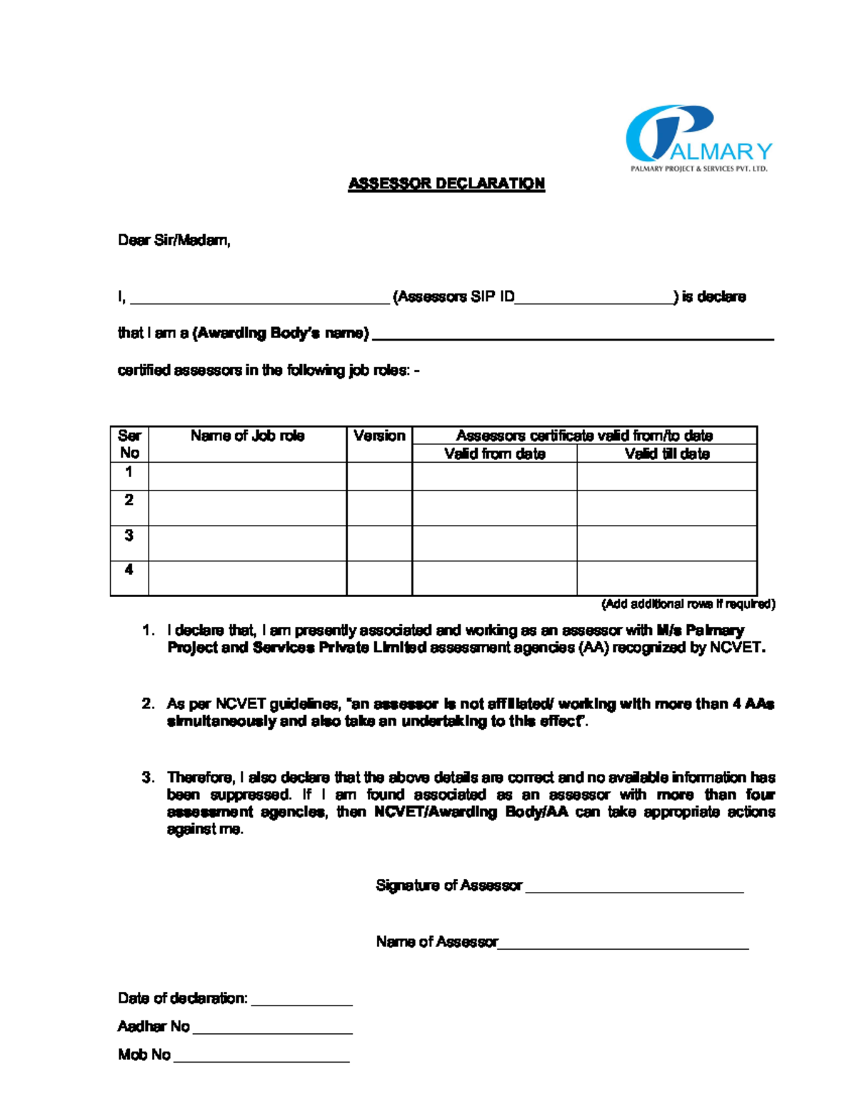 Microsoft Word - Free lancer Assessors declaration-Palmary - - Studocu