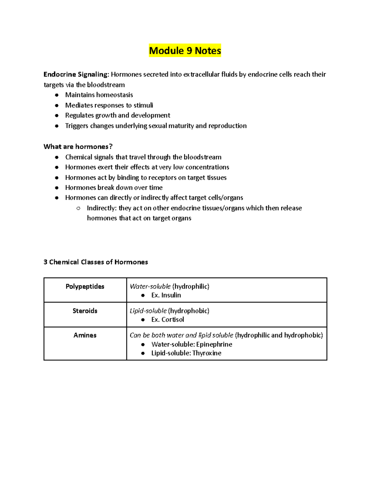 Module 9 Notes - Module 9 Notes Endocrine Signaling: Hormones secreted ...