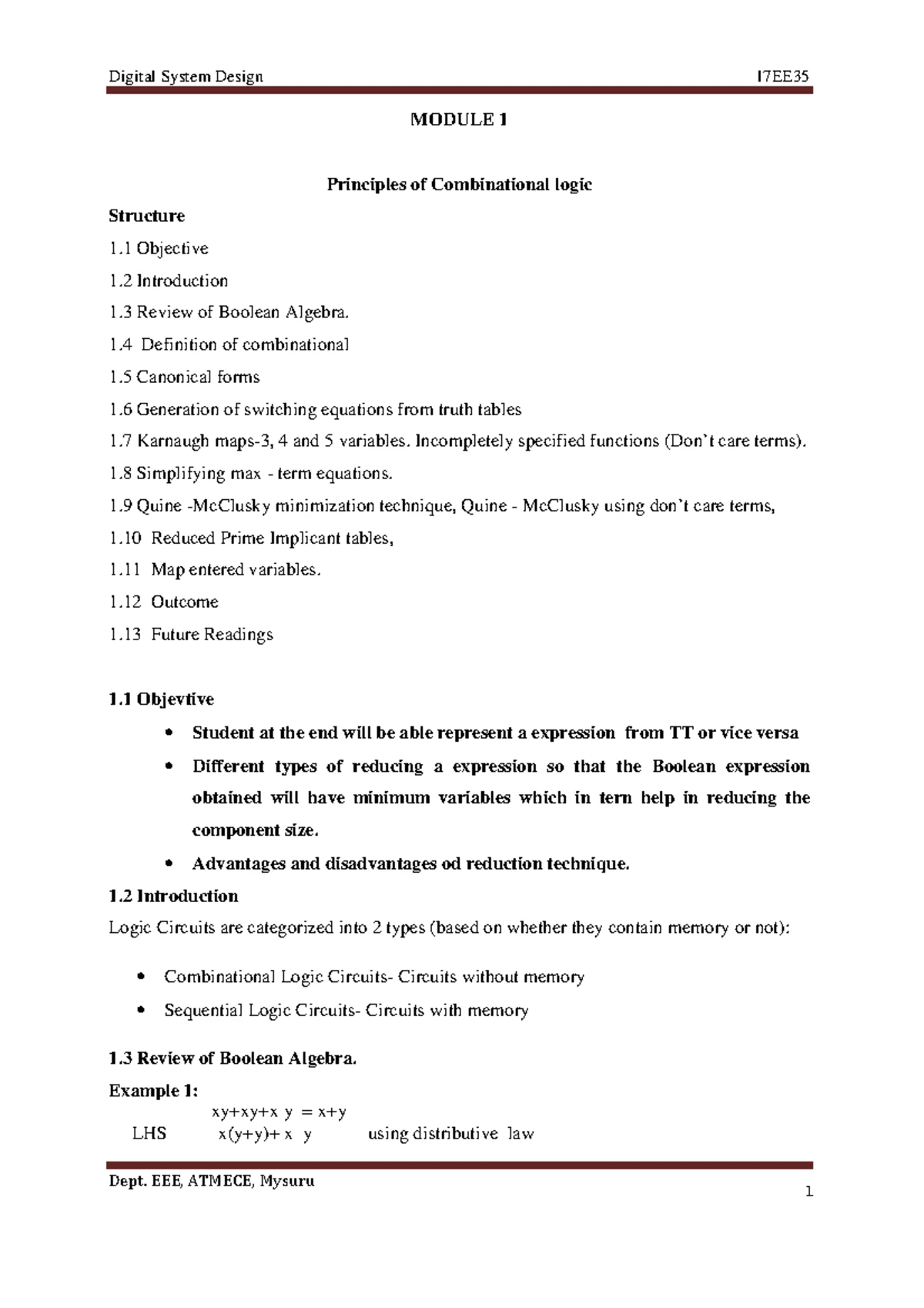 Module 1 DSD ECE 3 Rdsem - dsd - Combinational circuit Memory elements Definition of ...