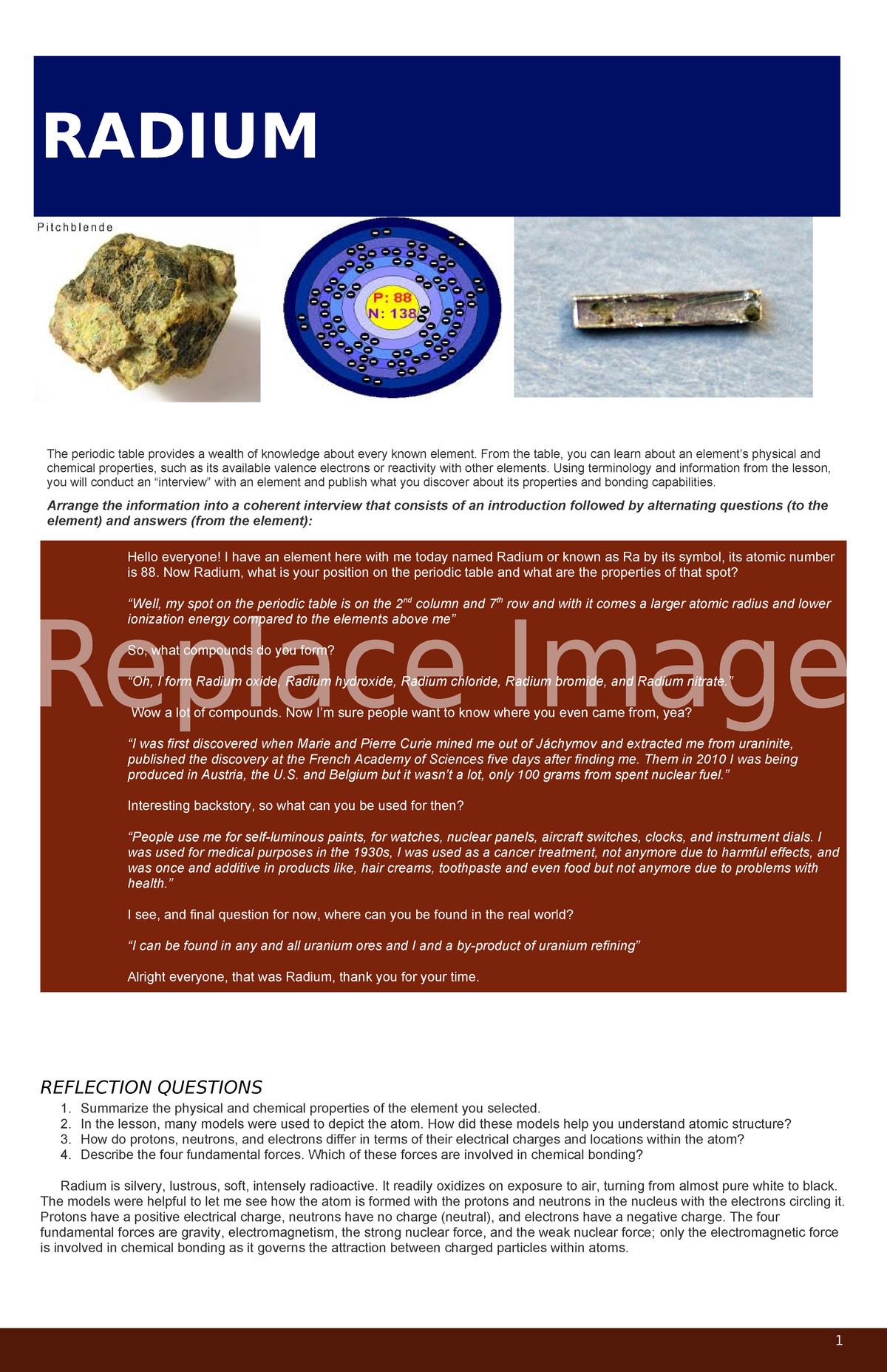 Atomic Structure and Forces - 1 RADIUM The periodic table provides a ...