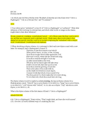 EN206 problem set 9 - EN 206 Problem Set # 1 does Yeats seek on the lake isle of Innisfree ...