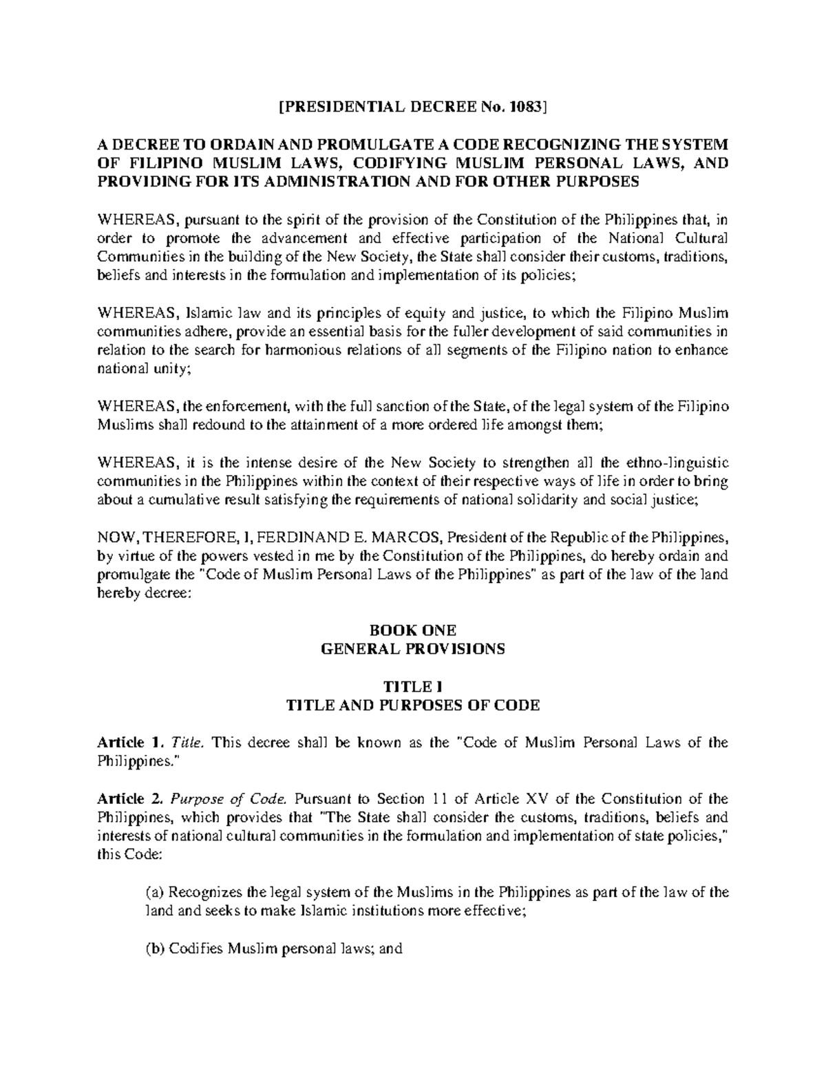 Presidential Decree No 1083 - [PRESIDENTIAL DECREE No. 1083] A DECREE ...