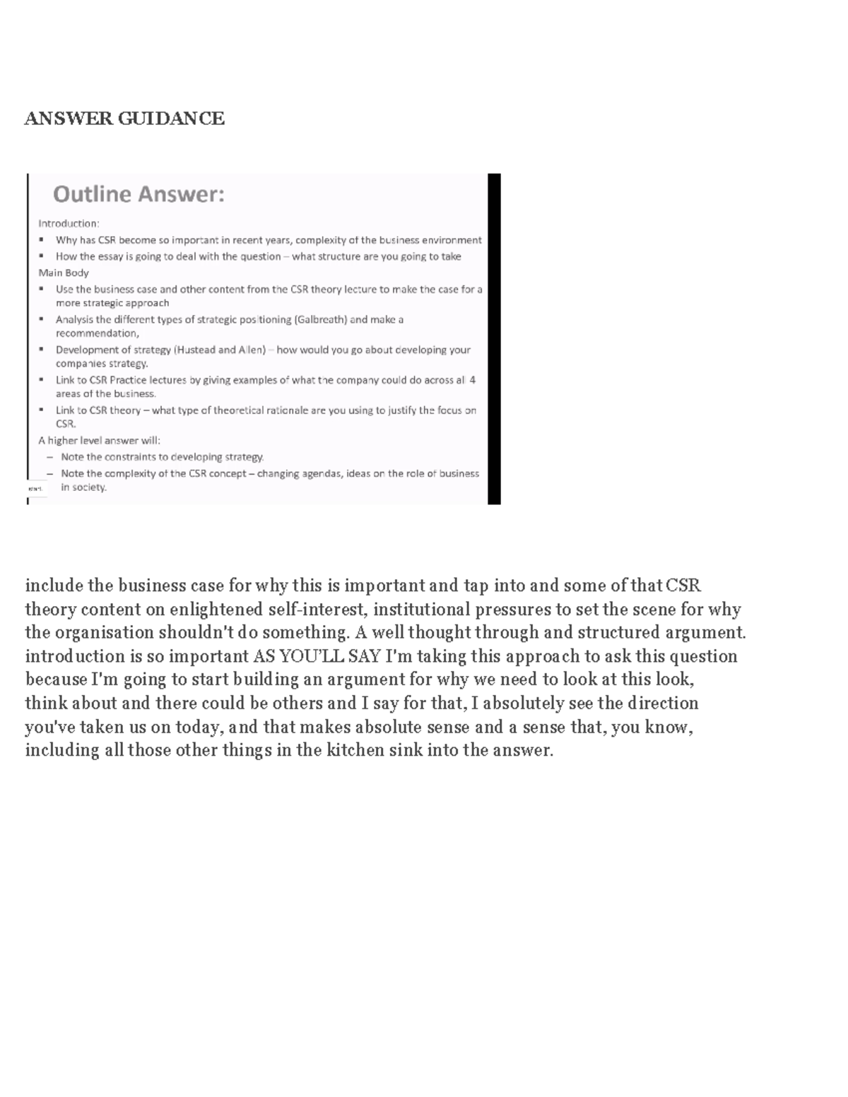 CSR Questions - ANSWER GUIDANCE include the business case for why this ...