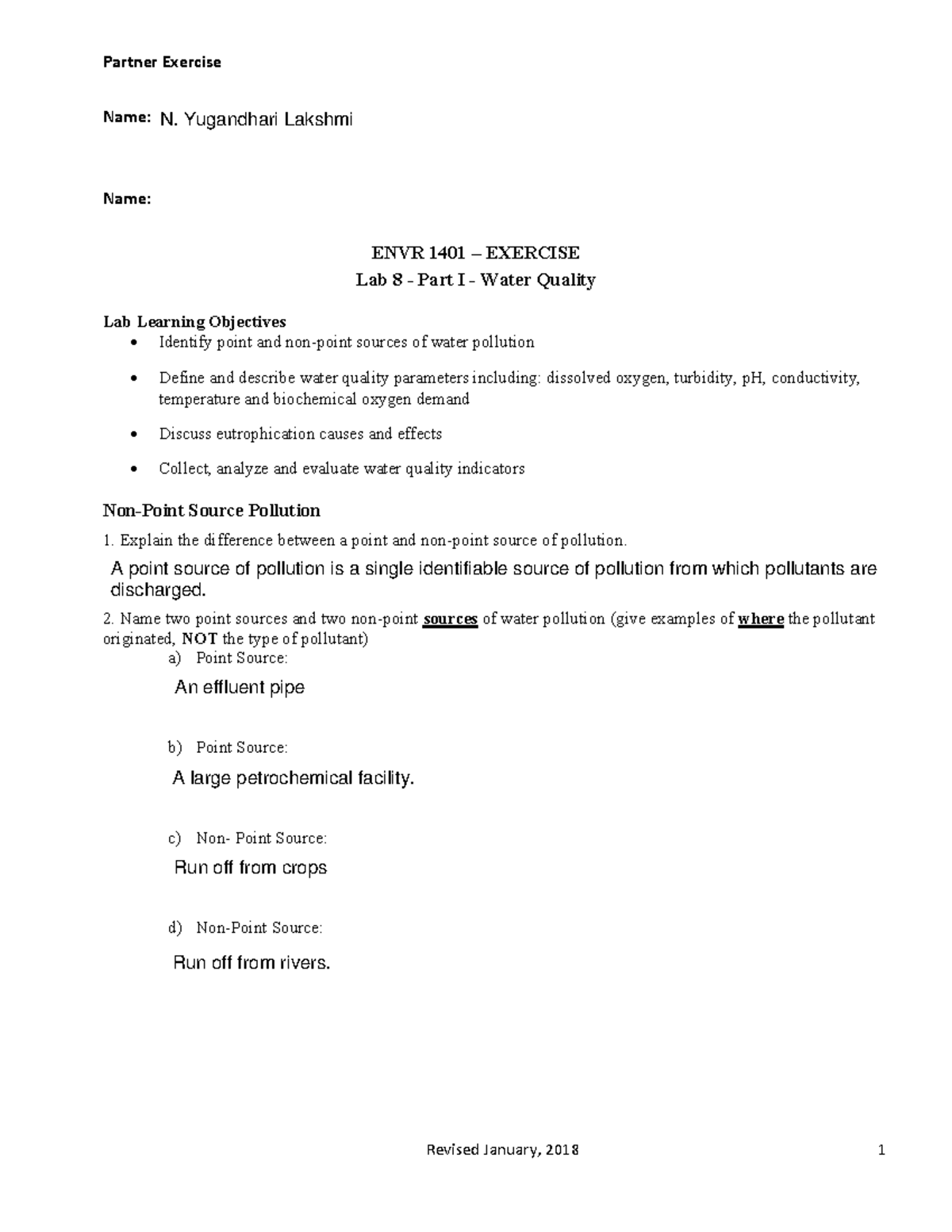 Lab 8 - Water Quality Form-2 SOL^ n - Partner Exercise Name: Name: ENVR 1401 – EXERCISE Lab 8 ...