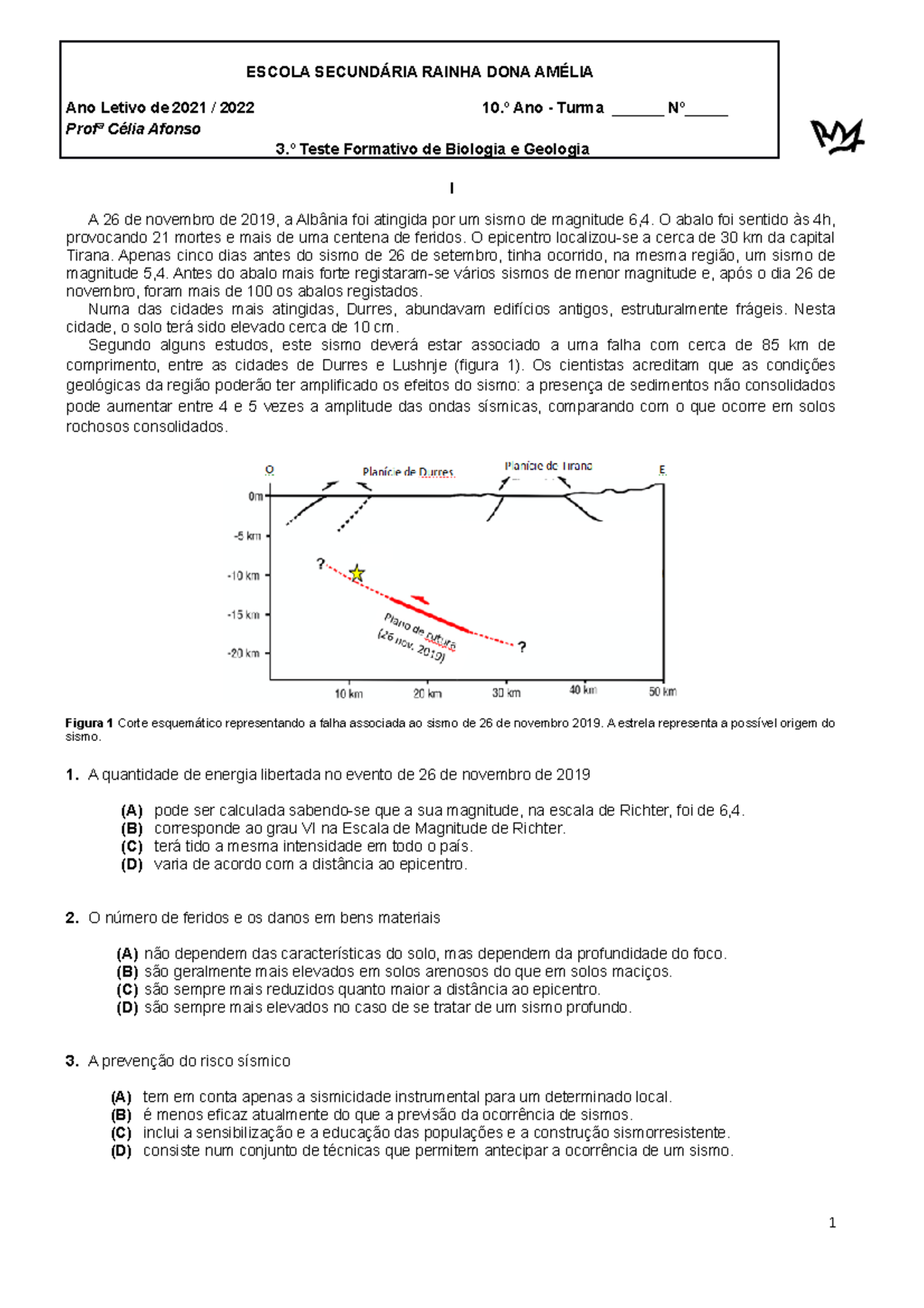 Teste formativo Geologia 10º ano - I A 26 de novembro de 2019, a ...